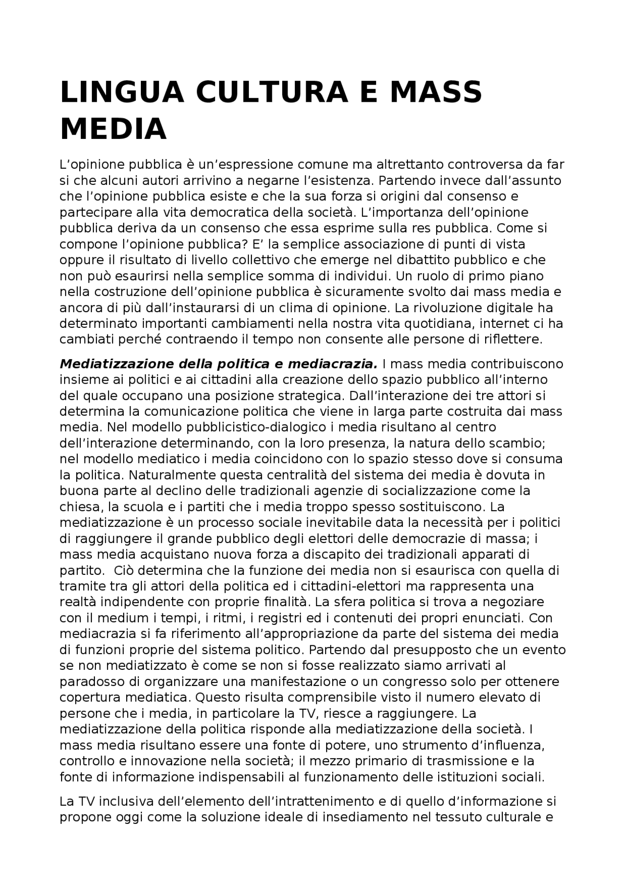 Appunti libro di lingua e cultura mass media - Docsity