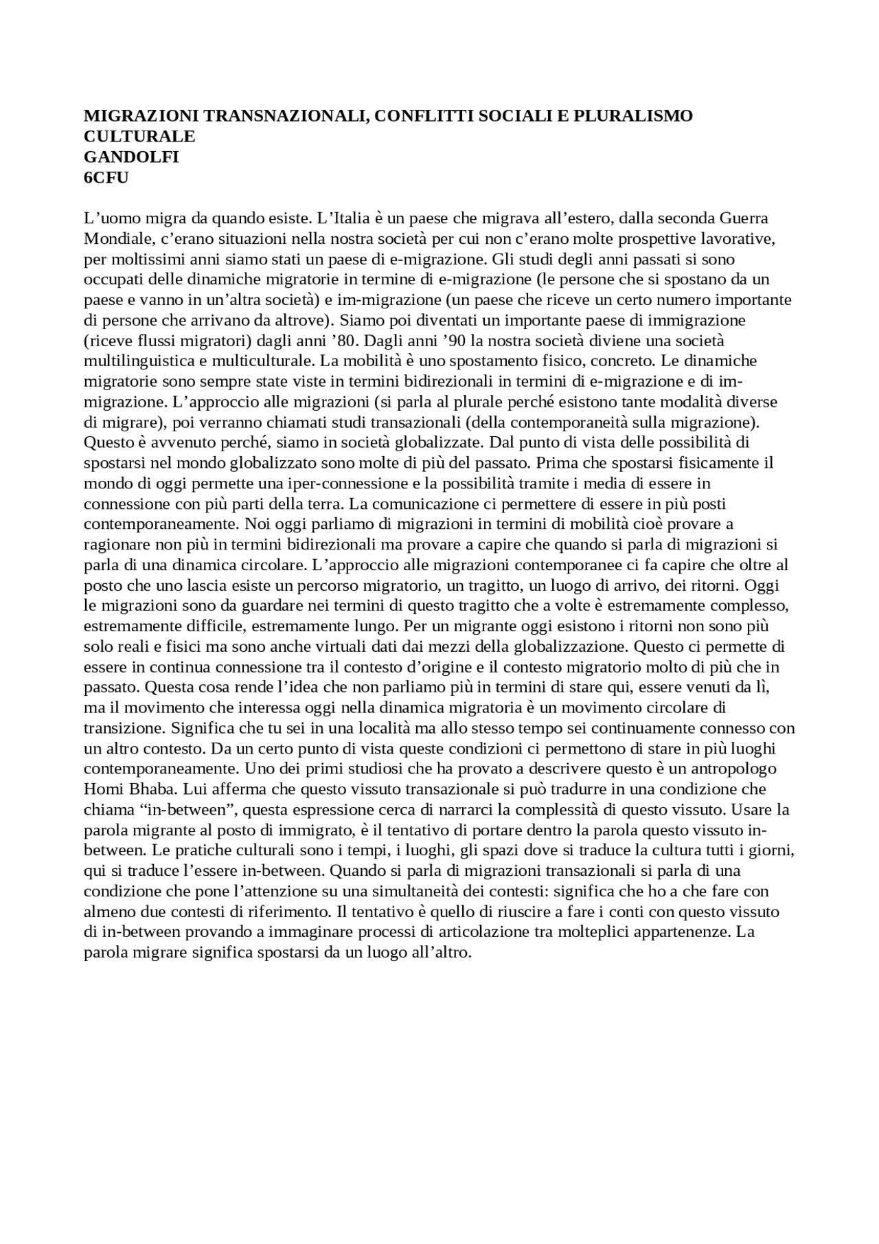Appunti Di Migrazioni Transnazionali Nelletà Contemporanea Docsity