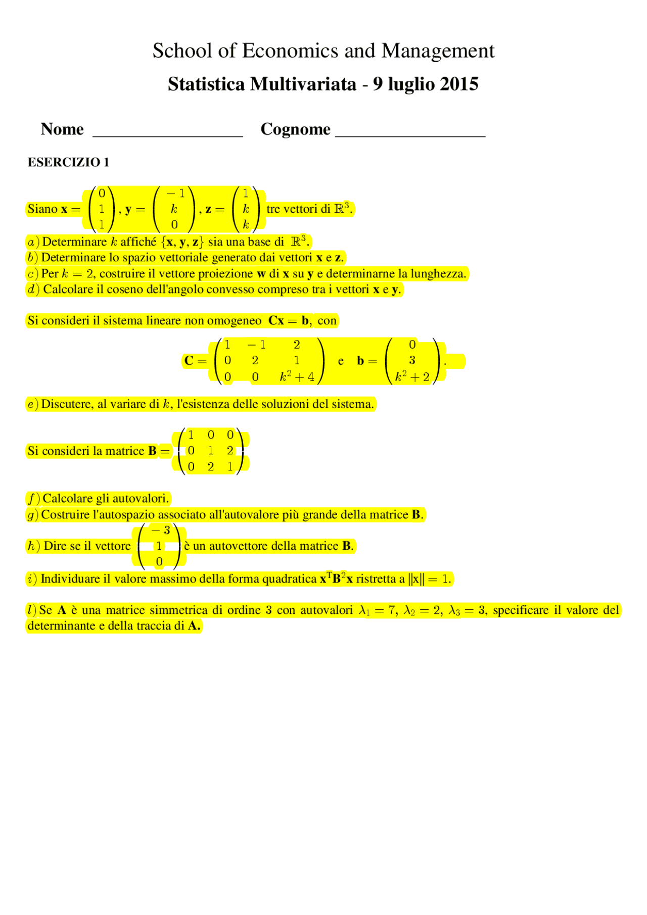Compito Svolto Statistica Multivariata Docsity