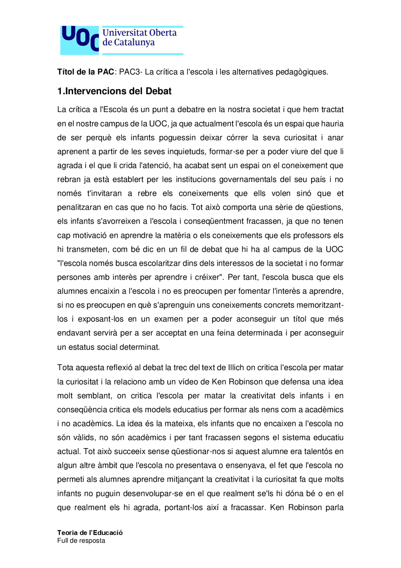 Pac 3 Teoria De Leducació Ejercicios De Ciencias De La Educación