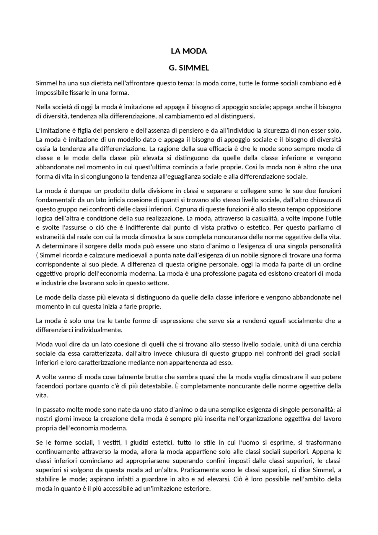 La Moda Simmel Riassunto Docsity