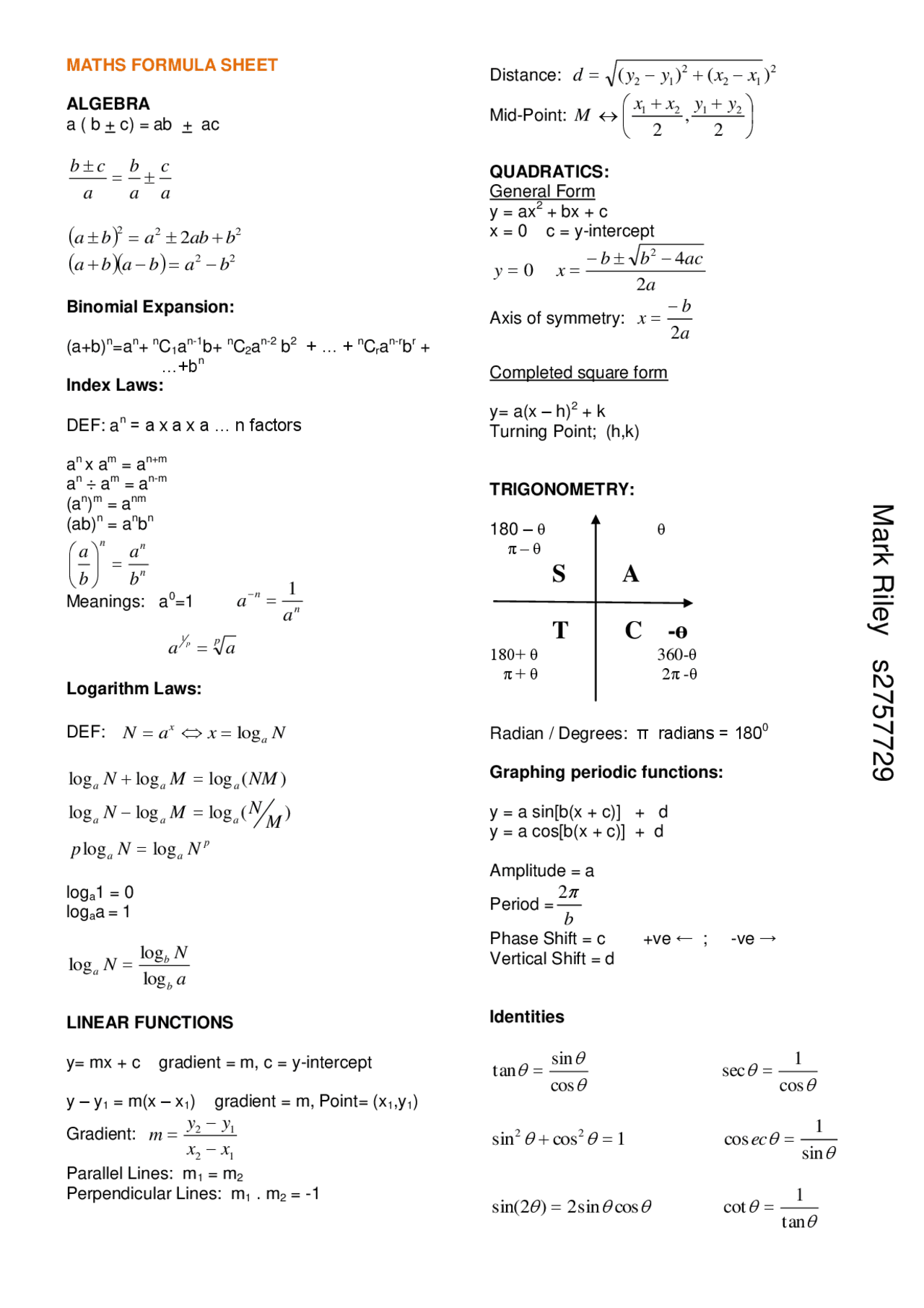 Math Formula at Senior level - Docsity