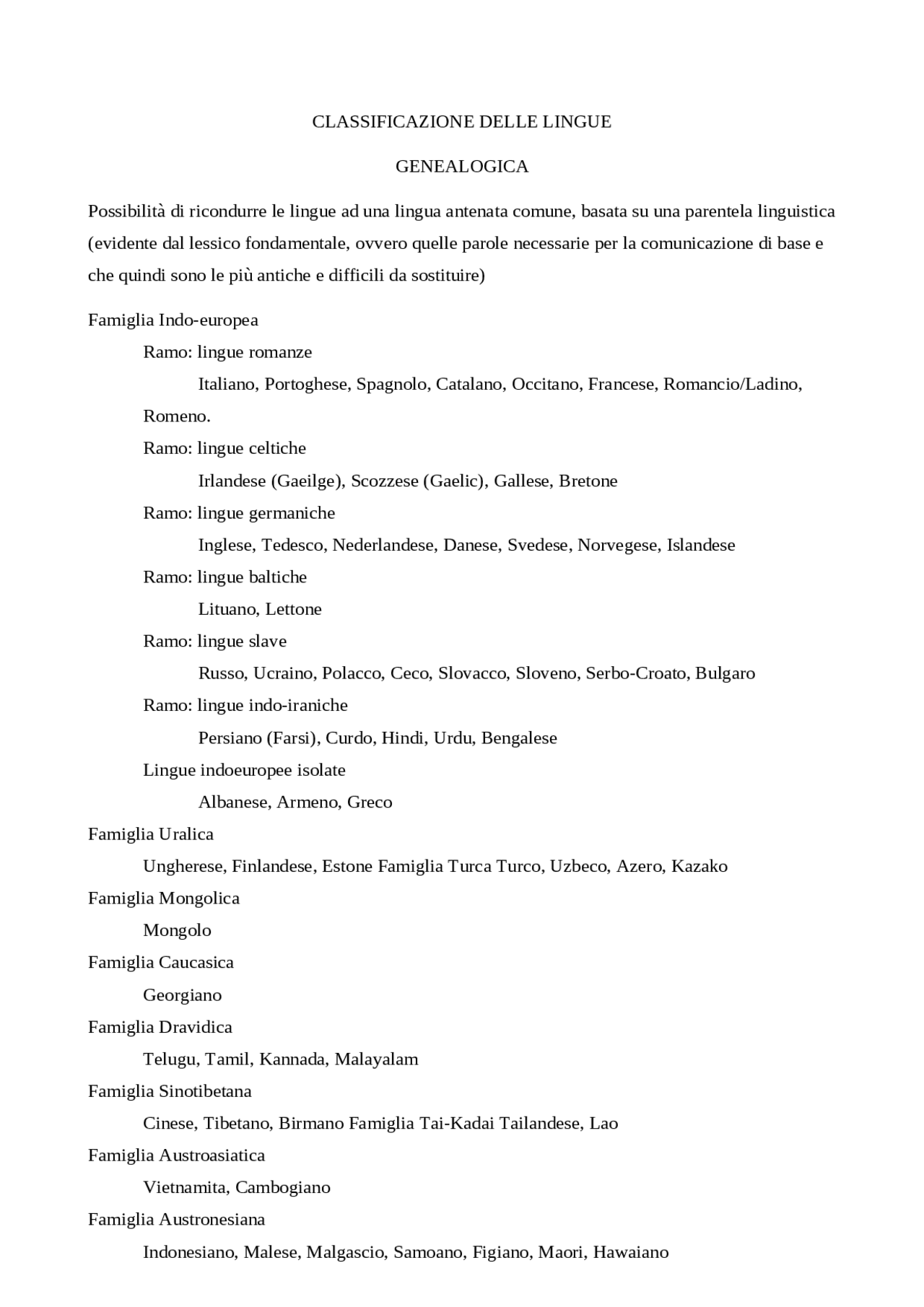 Classificazione Delle Lingue Docsity