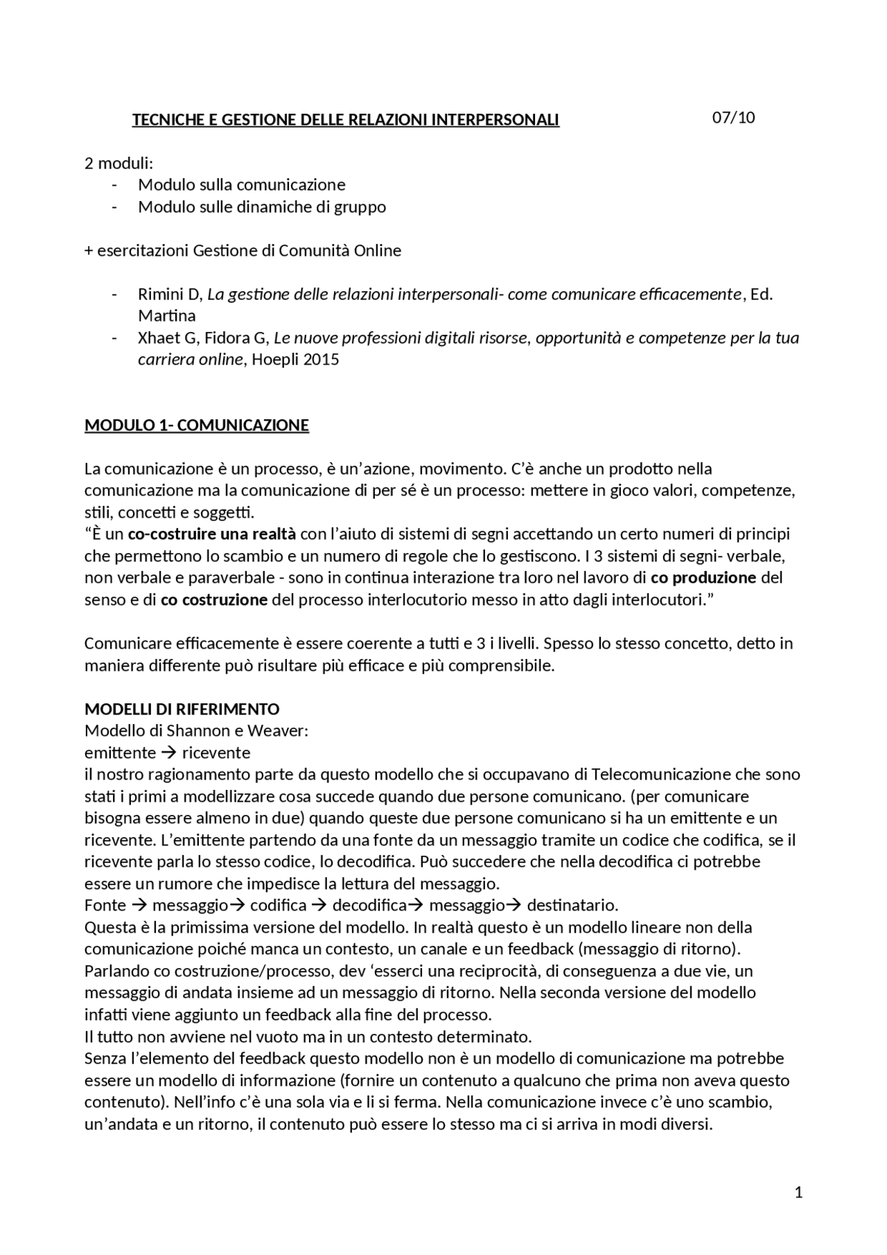 Tecniche E Gestione Delle Relazioni Interpersonali Appunti Di