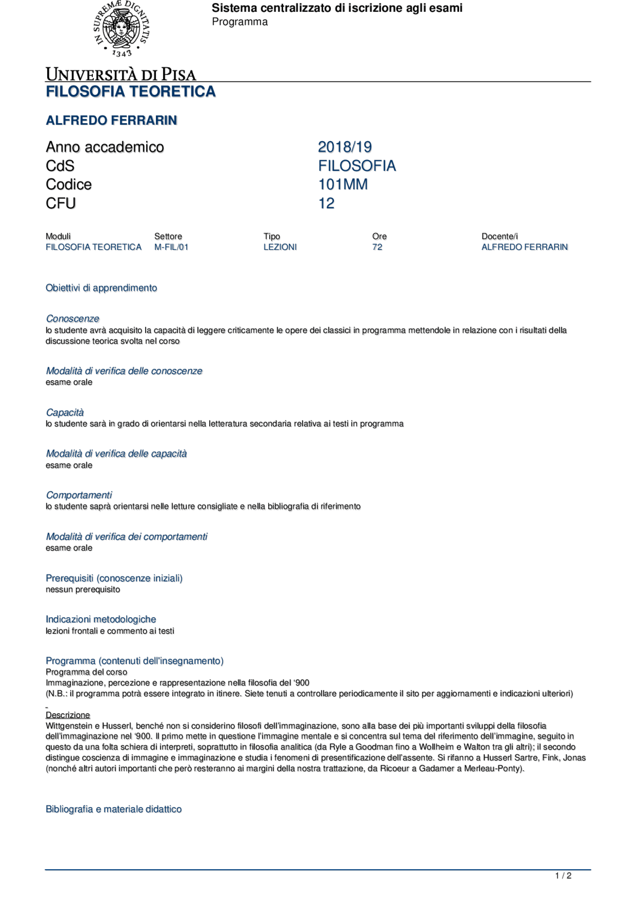 Programma Filosofia Teoretica Pisa 2018/2019 - Docsity