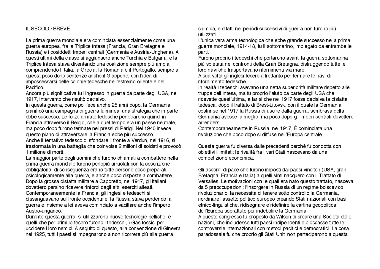 Il Secolo Breve Appunti Docsity