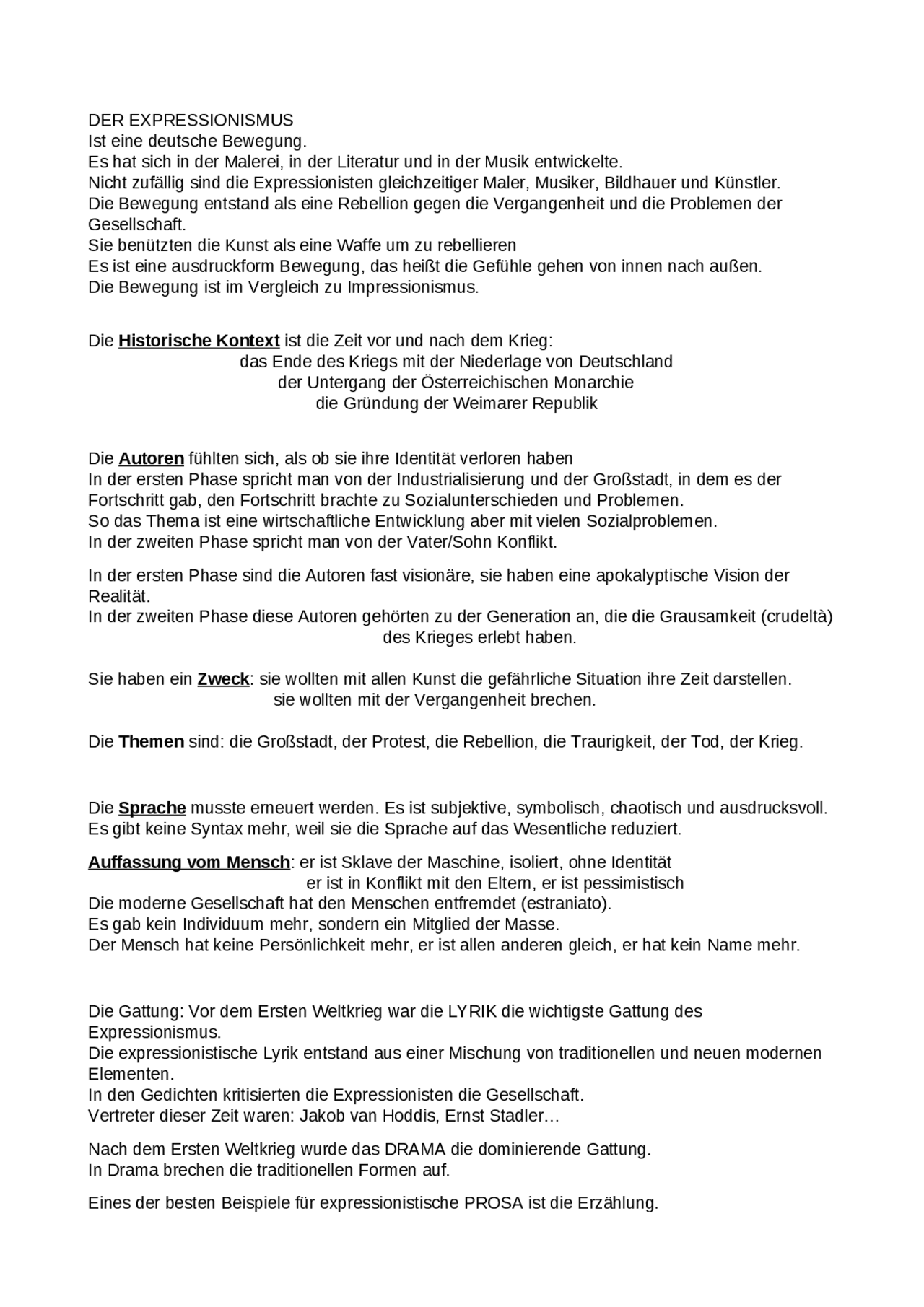 Expressionismus und Zeit der Avantgarde - Docsity