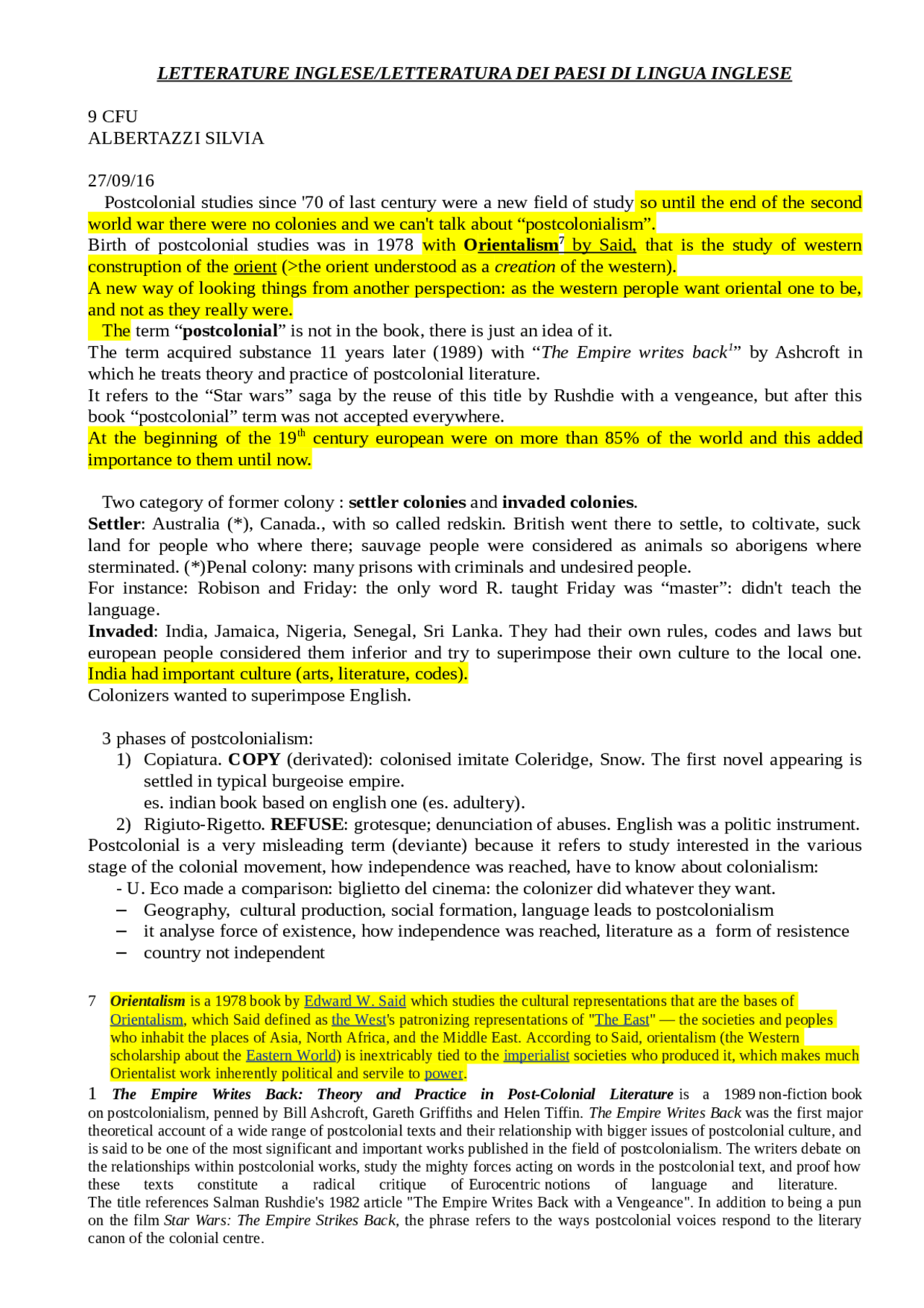Letteratura Post Coloniale - Docsity