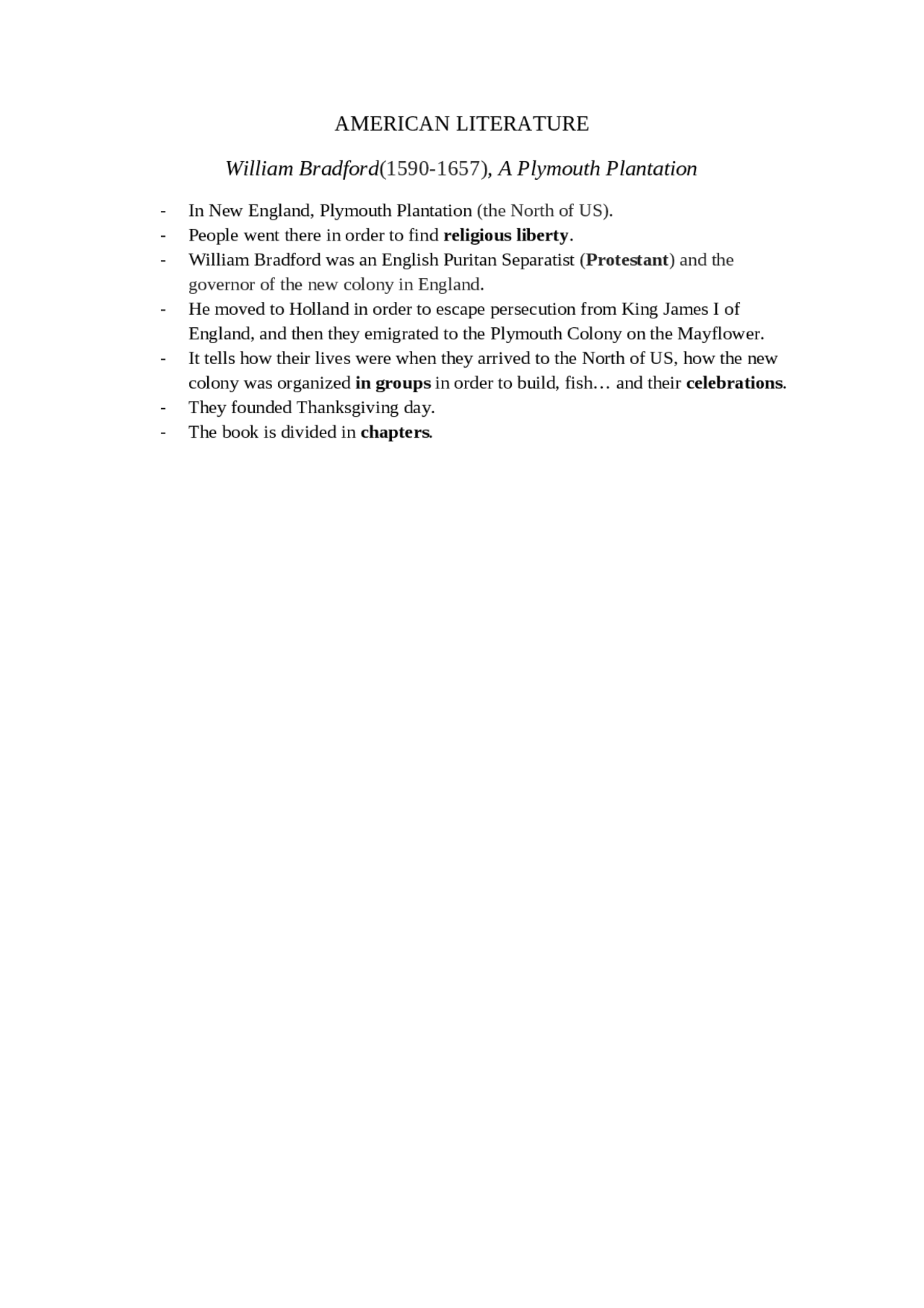 William Bradford American Literature - Docsity