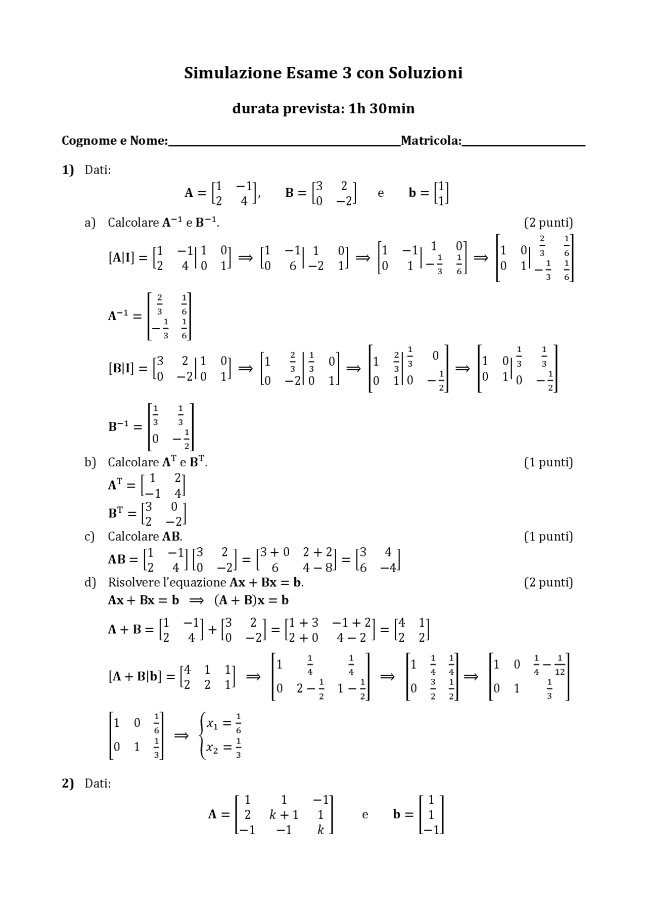 Simulazione Esame Matematica Docsity
