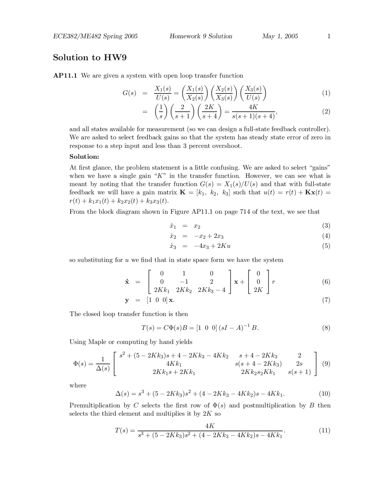 Control systems feedback | Exercises Civil Engineering | Docsity