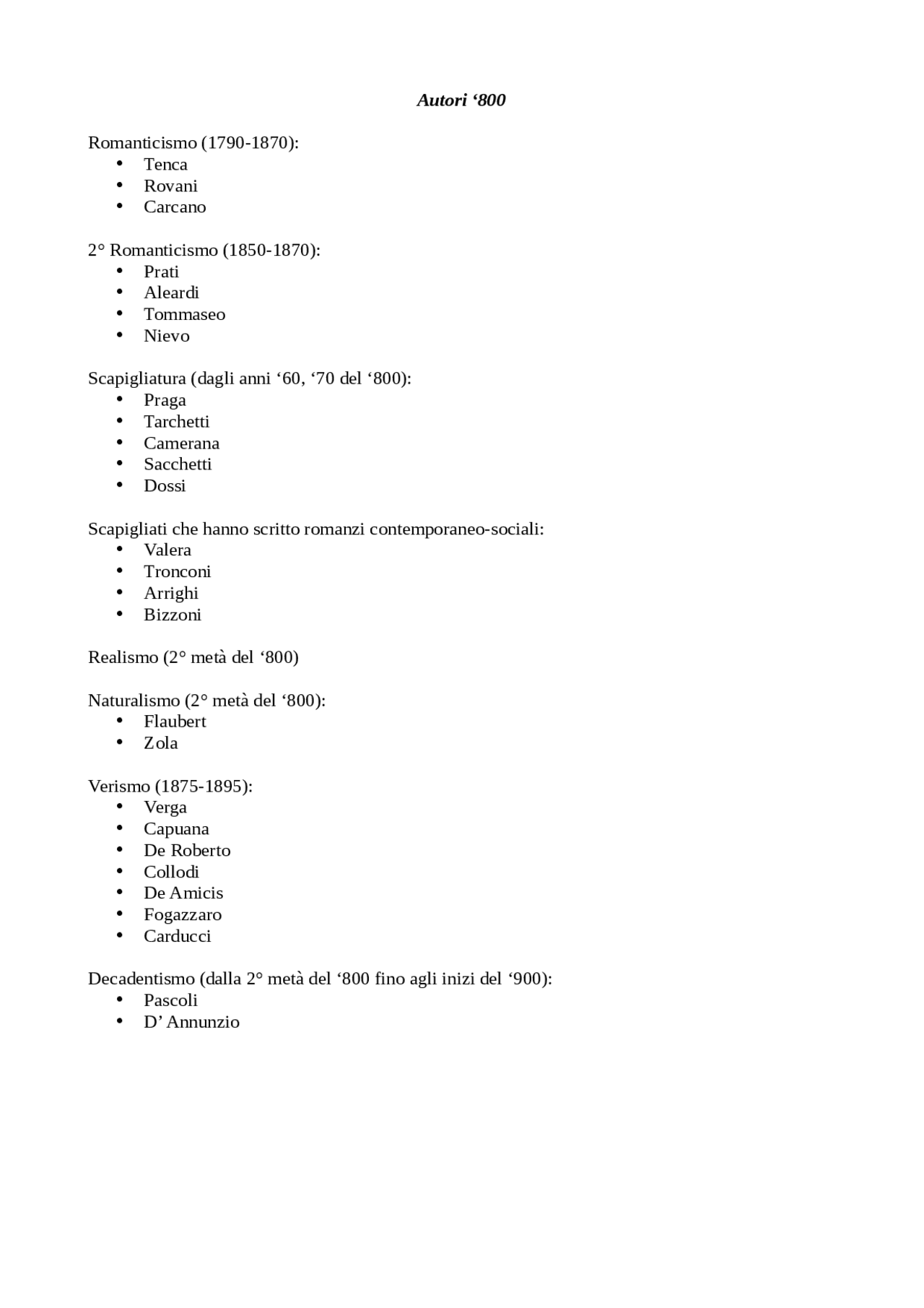 Letteratura italiana dell'800 - Il periodo risorgimentale - Docsity