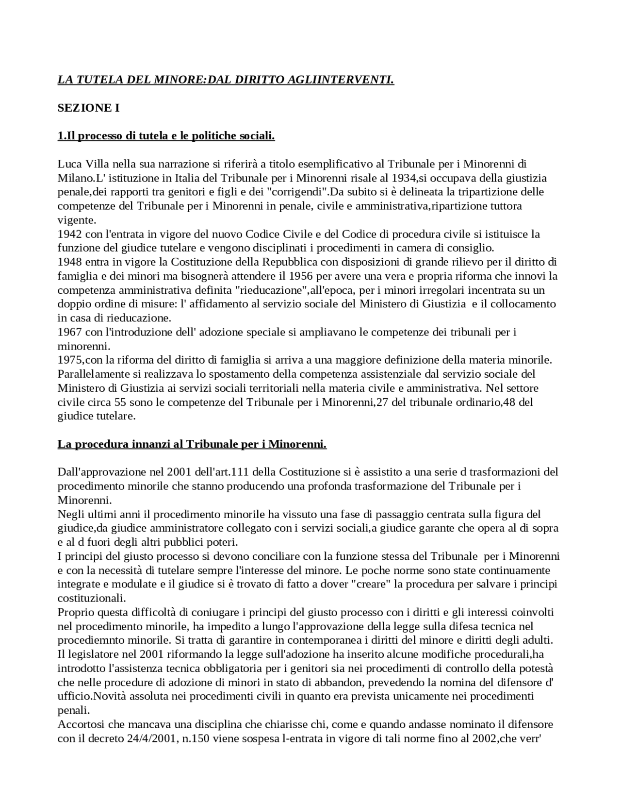 Riassunto Diritto Minorile Docsity