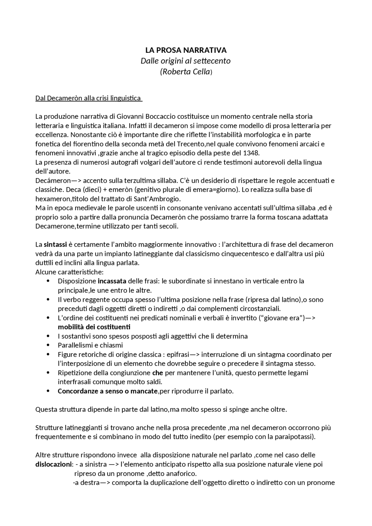Riassunto La Prosa Narrativa”roberta Cella Docsity