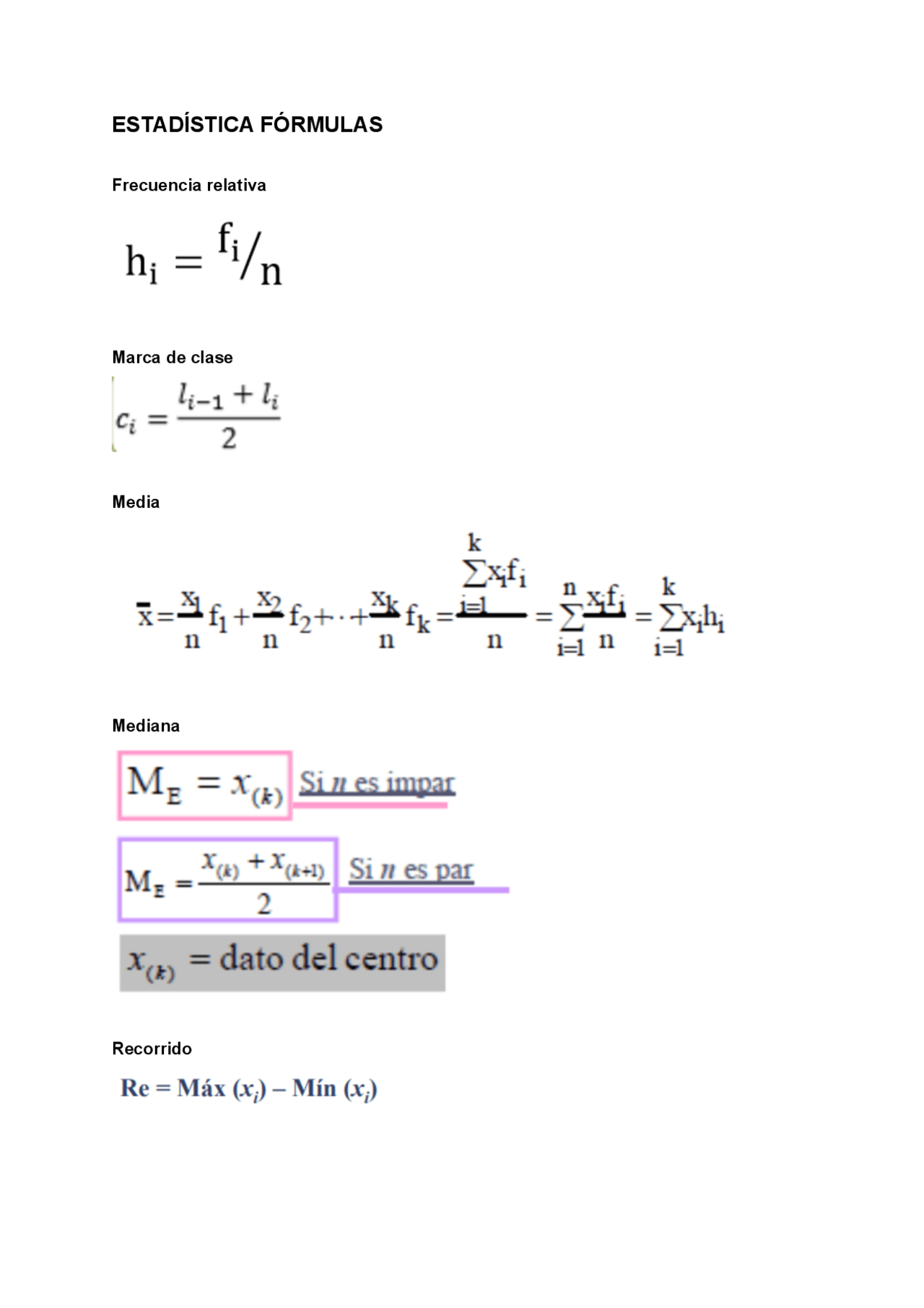 Fórmulas estadística - Docsity