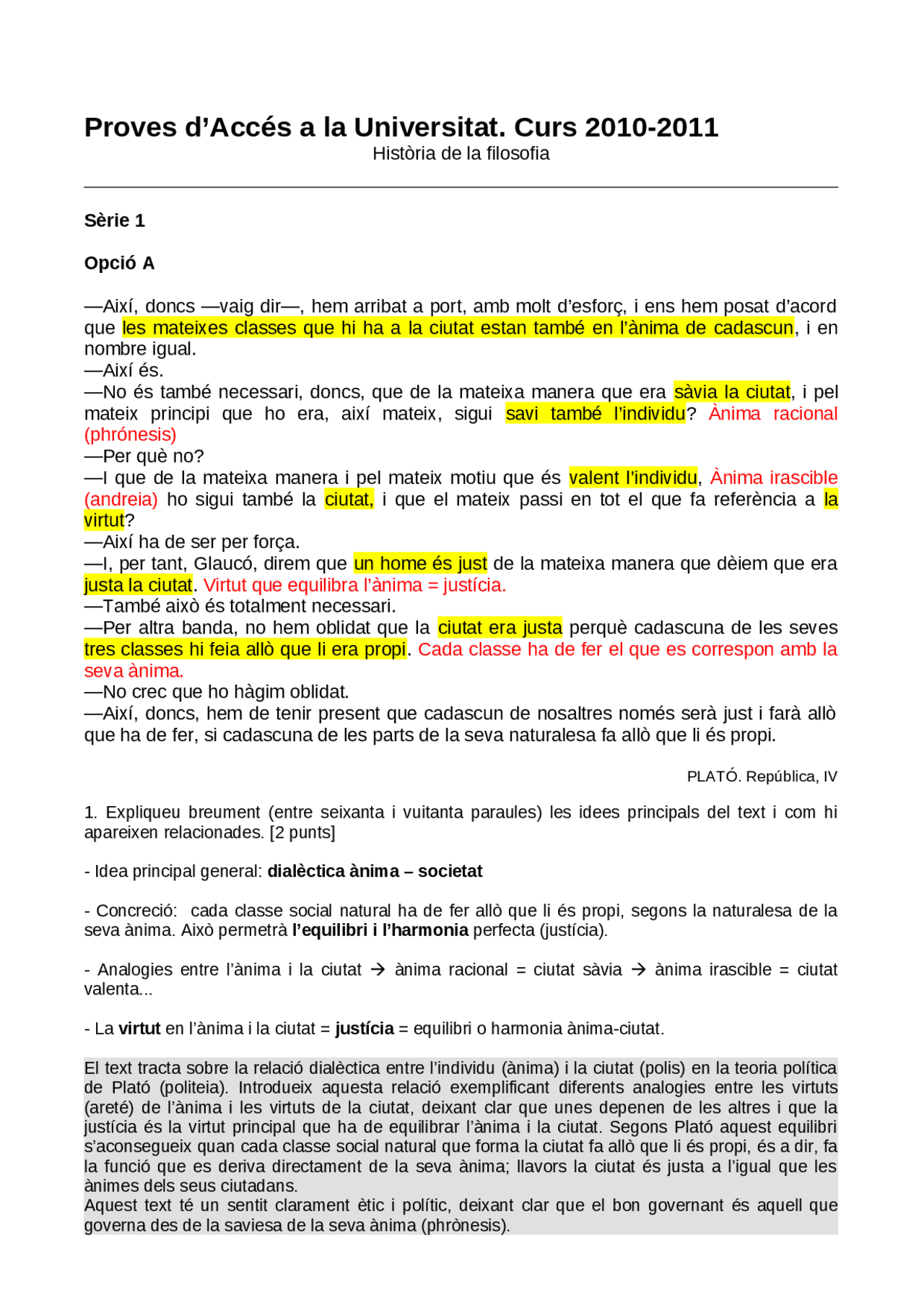 Examen De Selectivitat Resolt Plató Exámenes De Historia De La