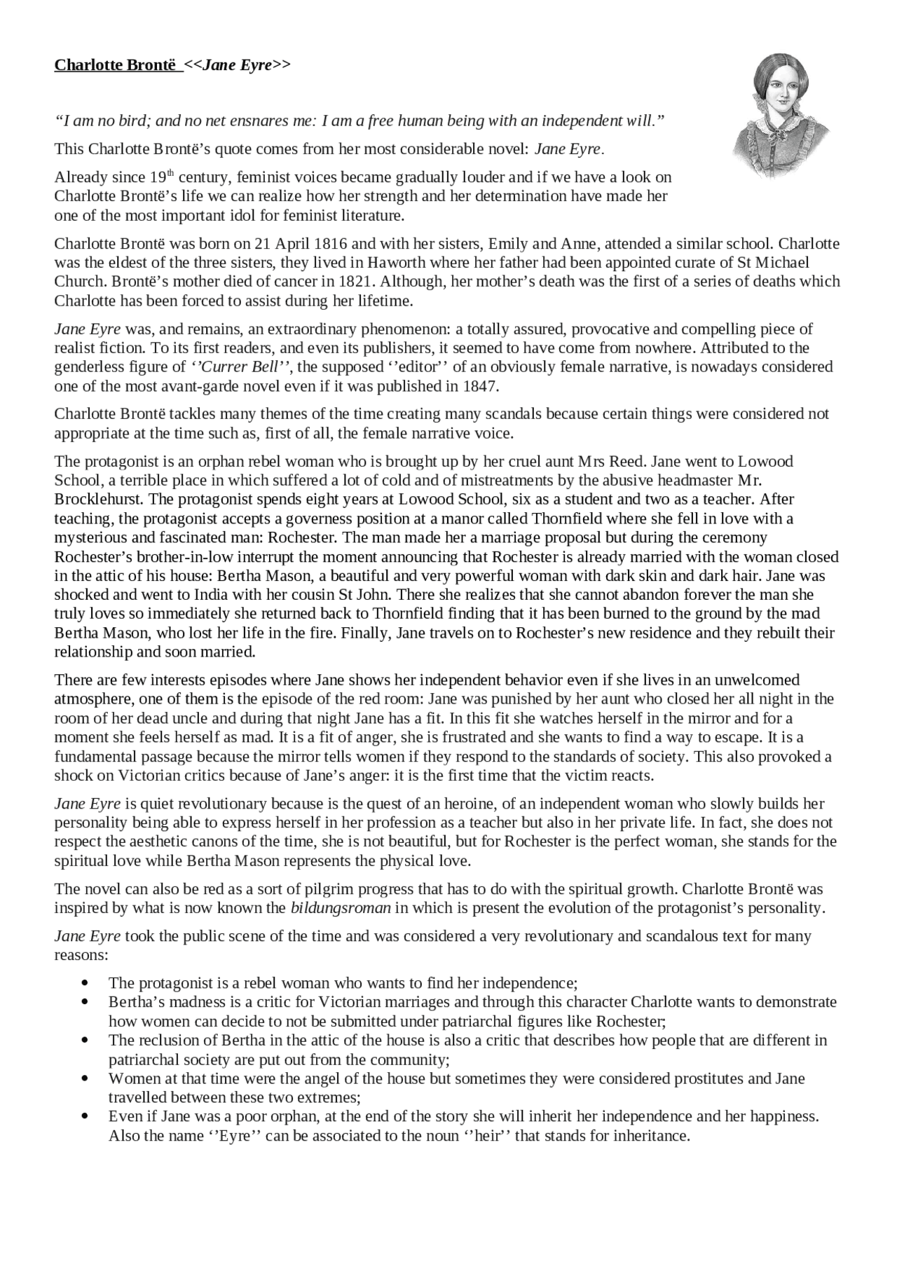 Charlotte Bronte, an authentic feminine figure - Docsity