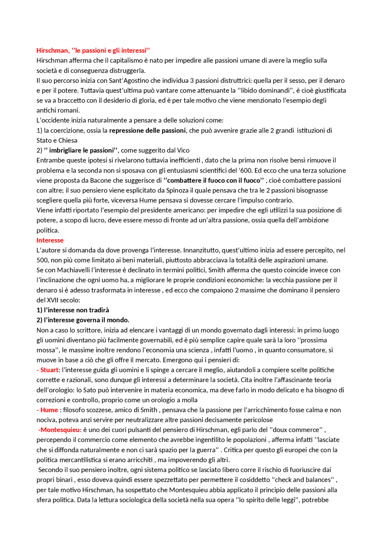 Riassunto Le Passioni E Gli Interessi Hirschman Docsity