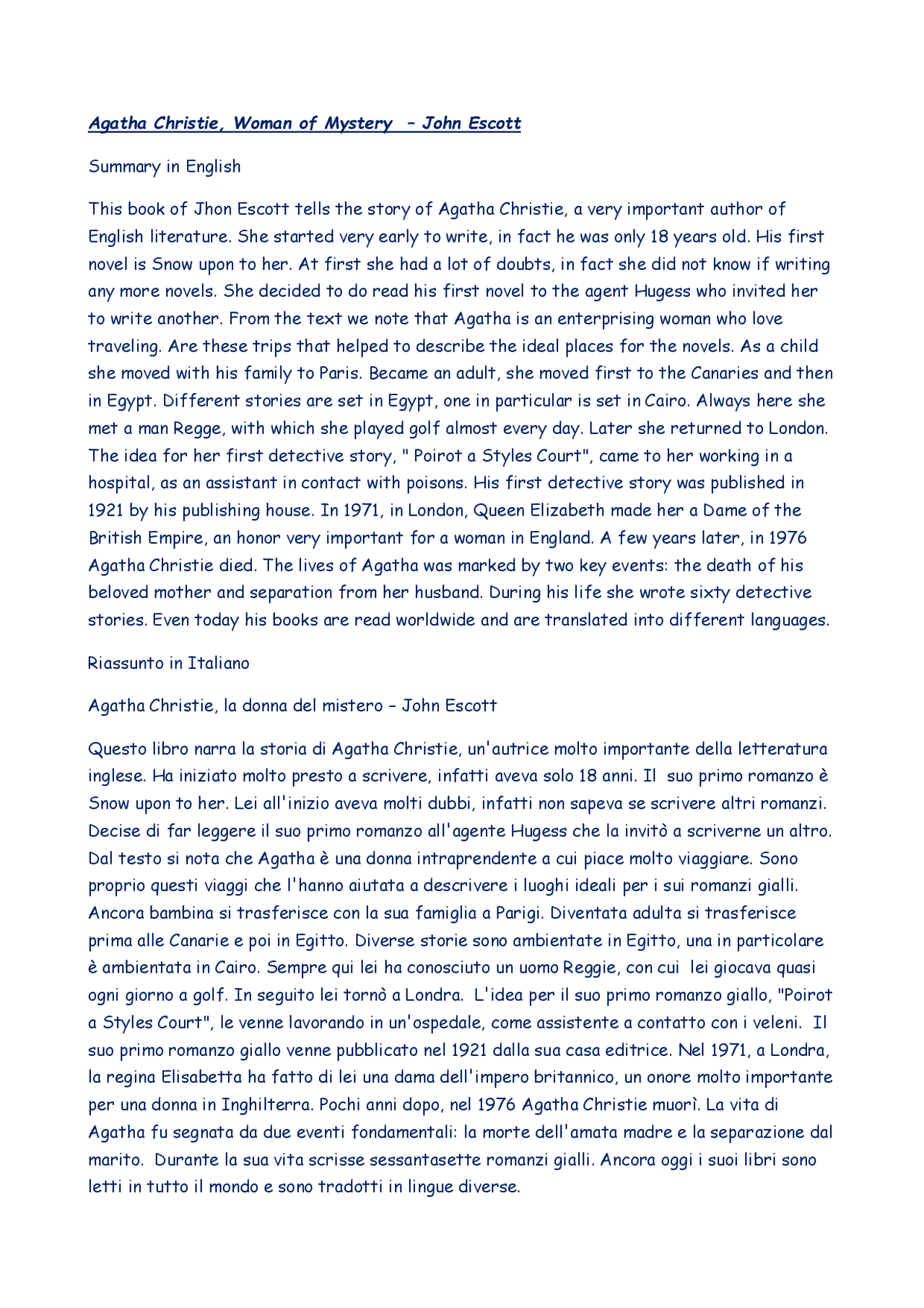 Agatha Christie, Woman of Mynistery, John Escott - Docsity