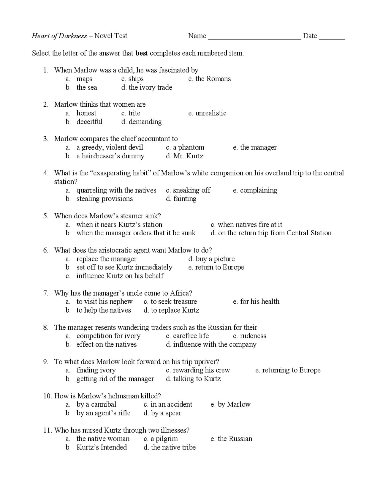 Heart Of Darkness Novel Test Docsity