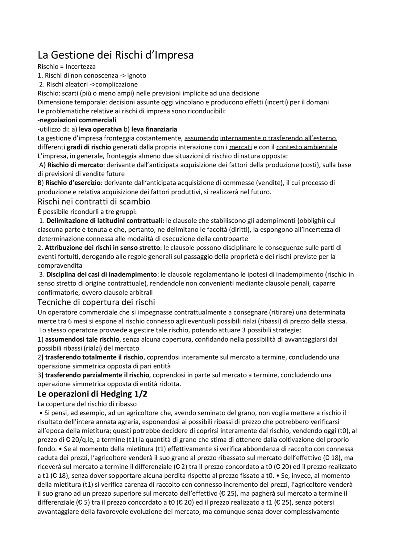 La gestione dei rischi - Docsity