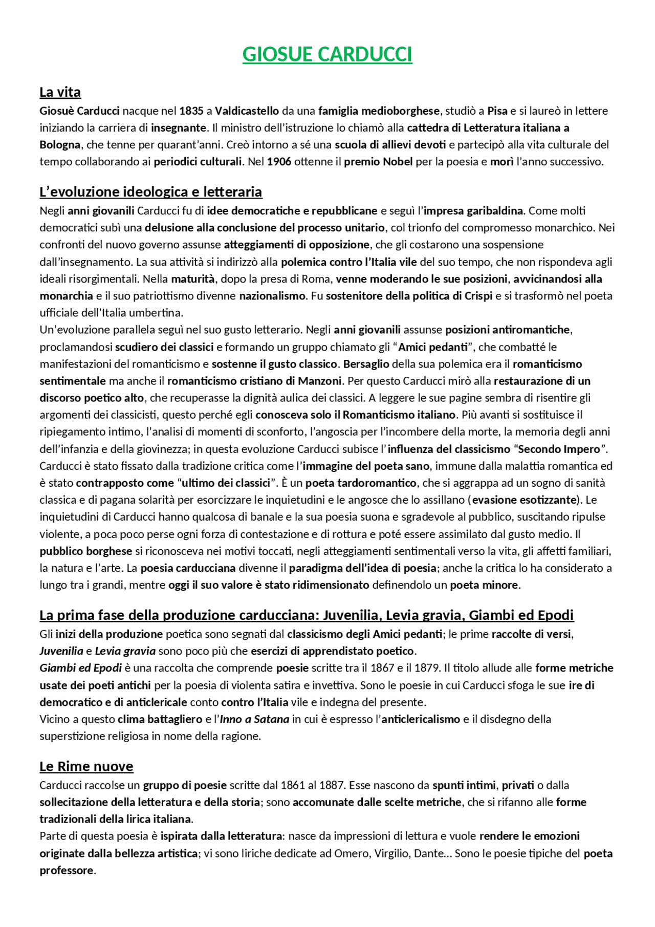 Appunti Su Giosuè Carducci Docsity