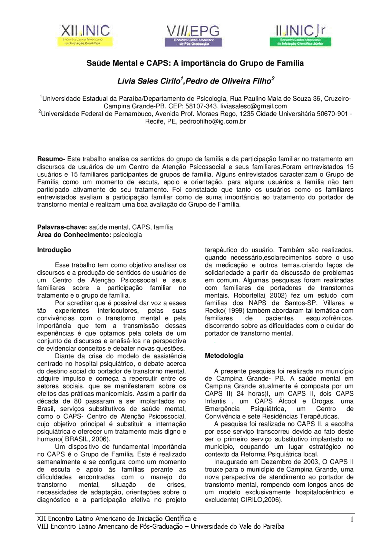 Importância de grupos familiares no CAPS - Docsity