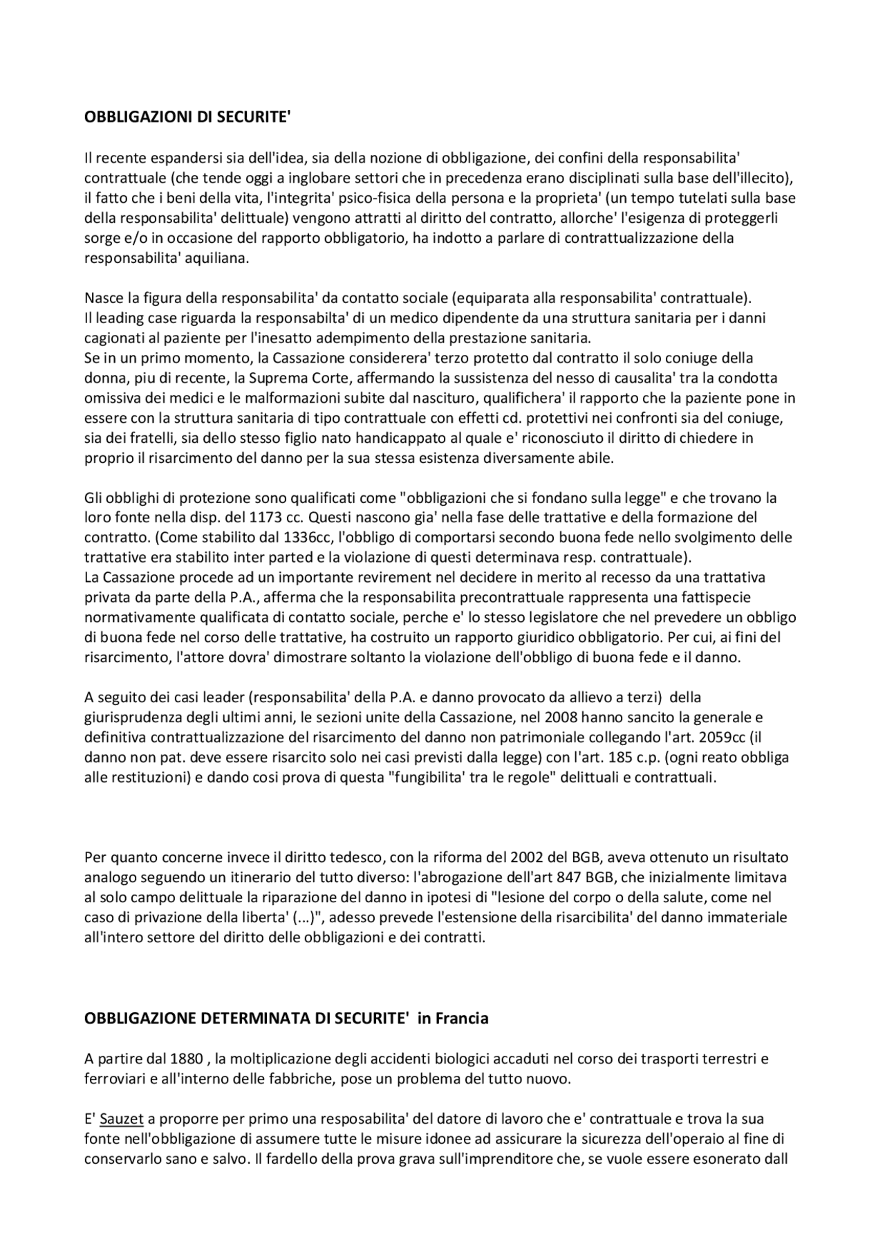 Dispensa Obbligazioni di securitè di Maria Feola - Giurisprudenza - Docsity