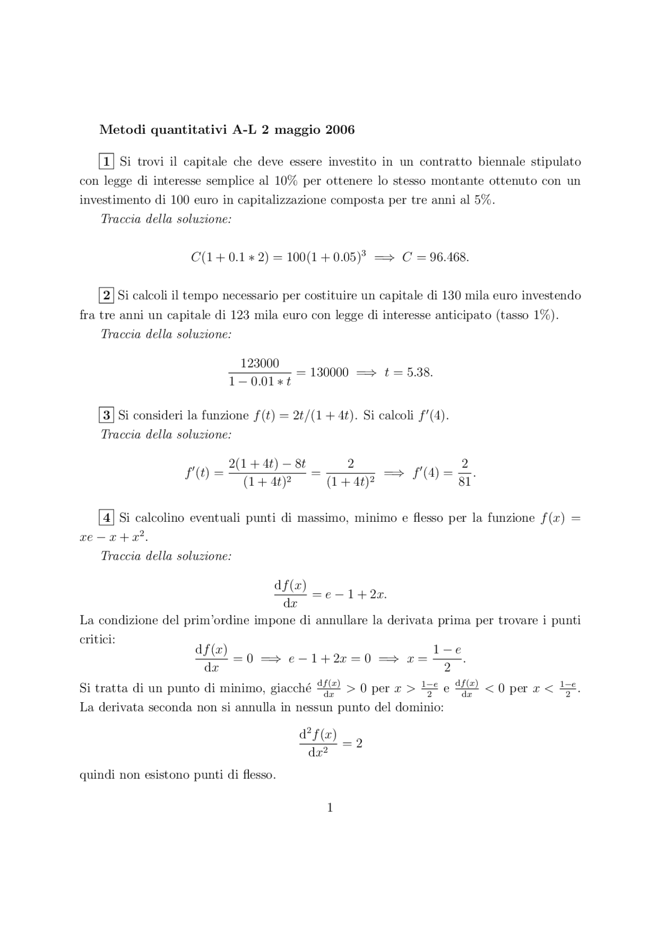 Prove Con Soluzioni Di Metodi Quantitativi Di Matematica Docsity