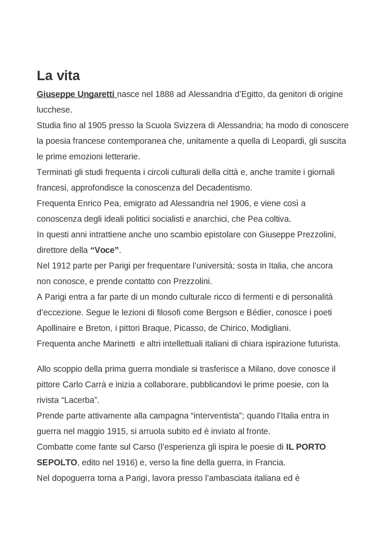 Vita E Opere Ungaretti Docsity