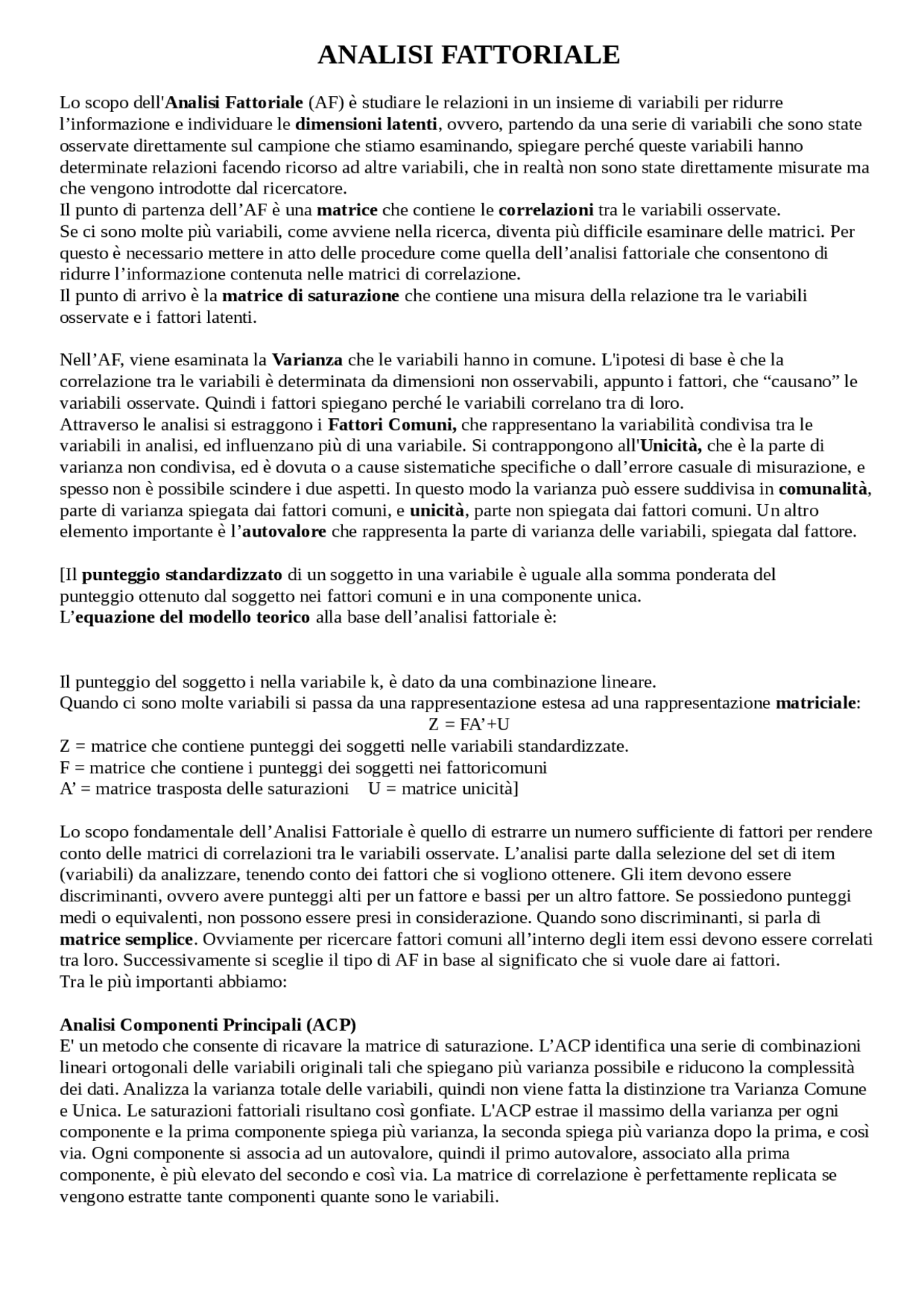 Riassunto Analisi Fattoriale Docsity