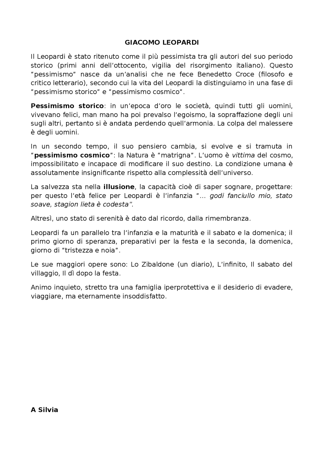 BIOGRAFIA GIACOMO LEOPARDI - Docsity