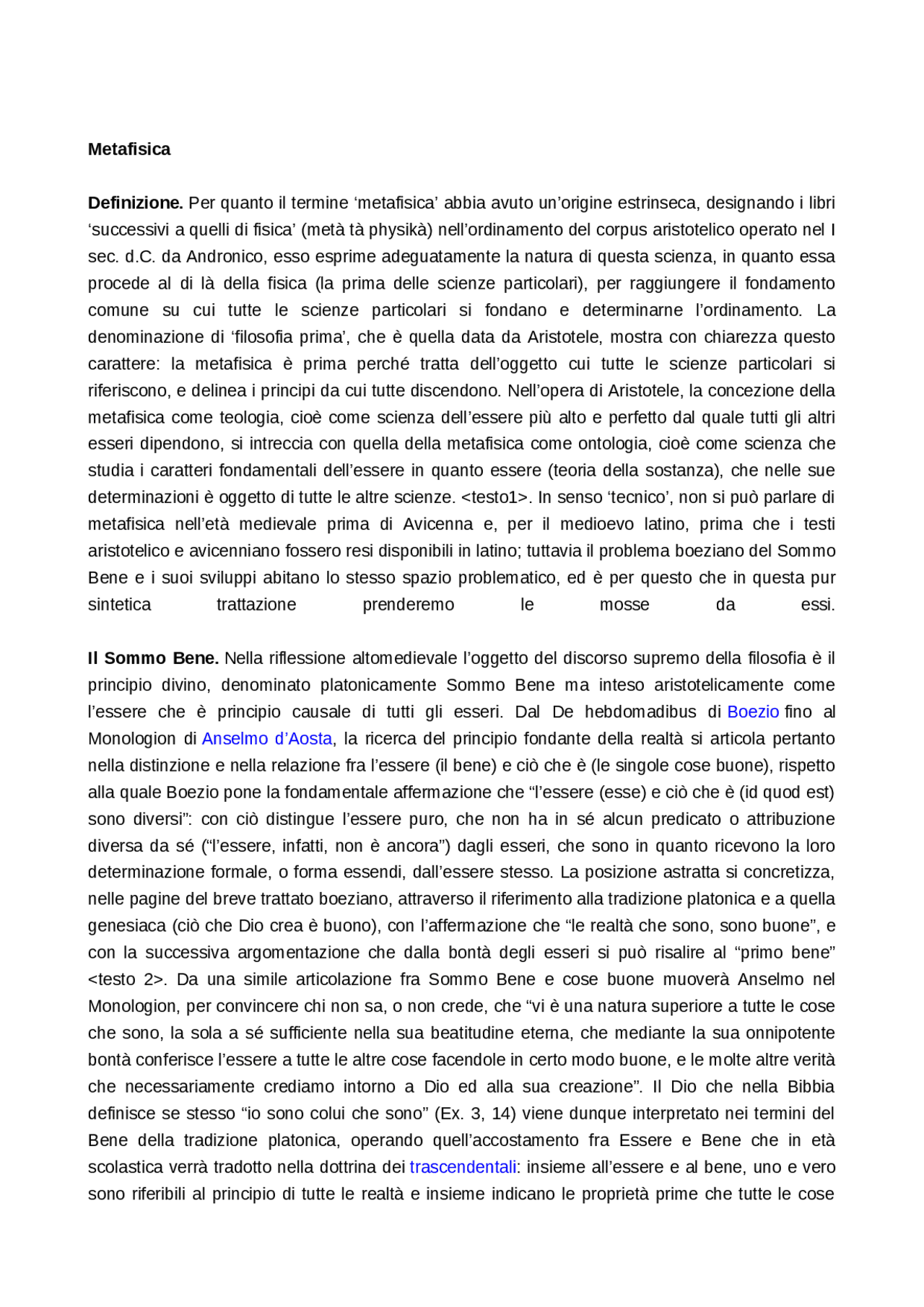 Riassunto Sulla Metafisica Docsity