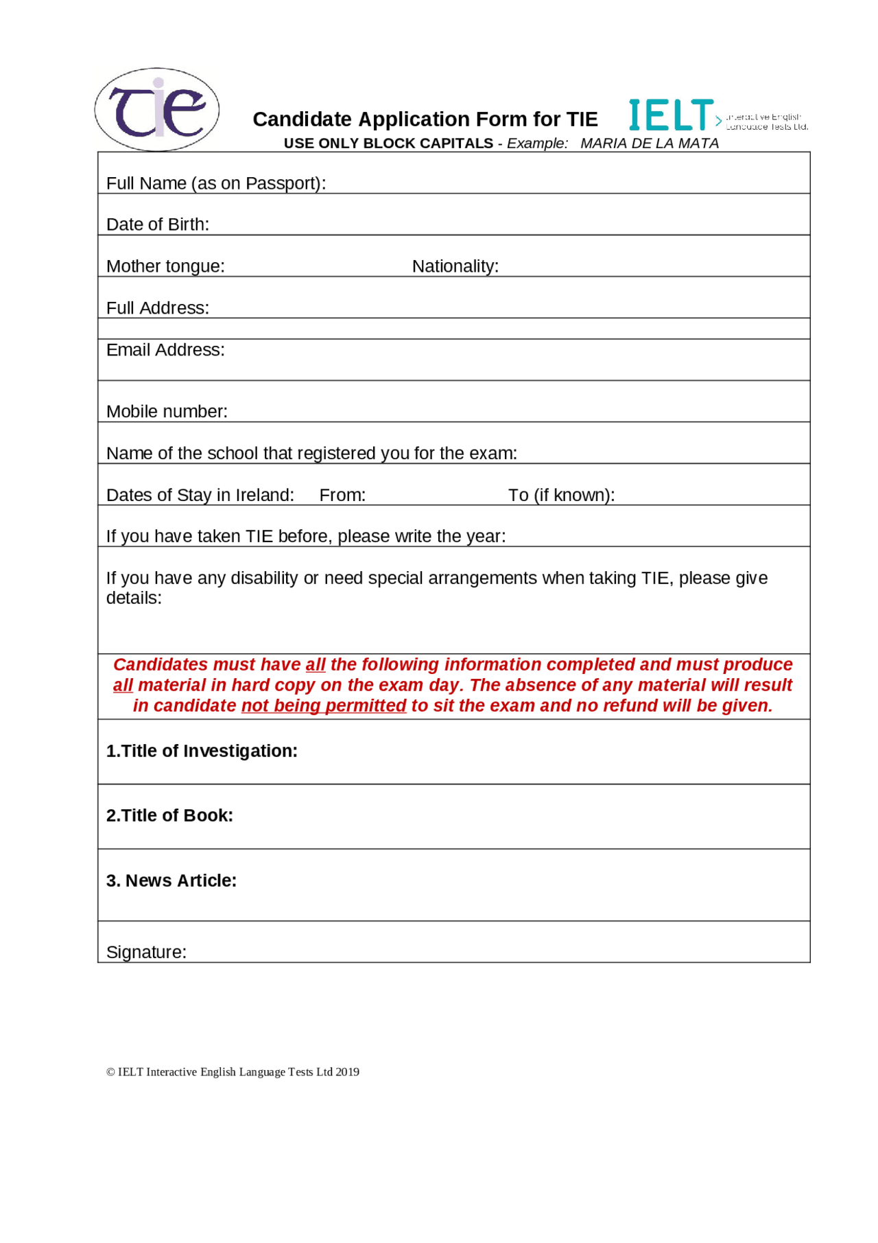 Formulario aplicação do tie - Docsity