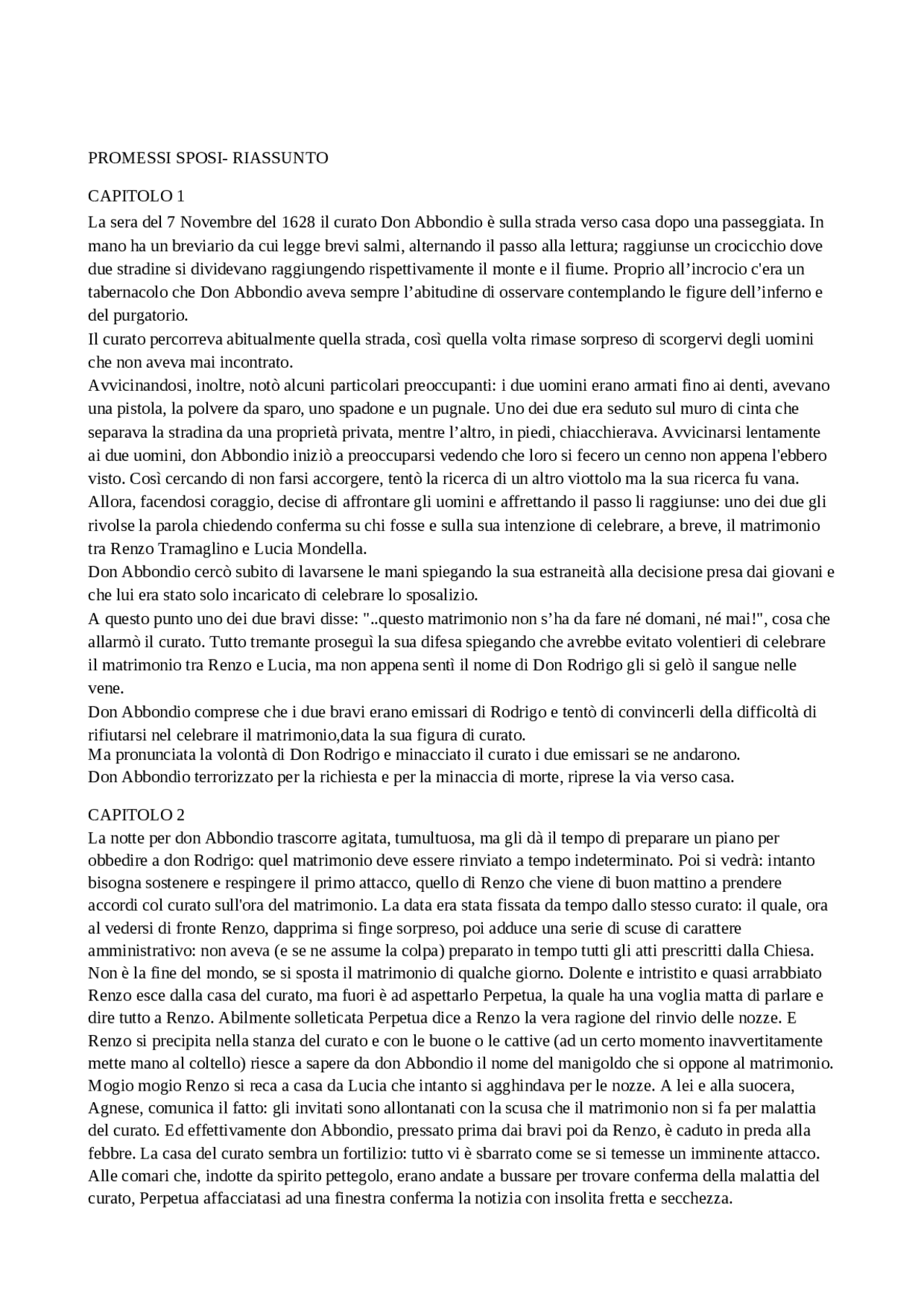 Promessi Sposi Riassunto Docsity