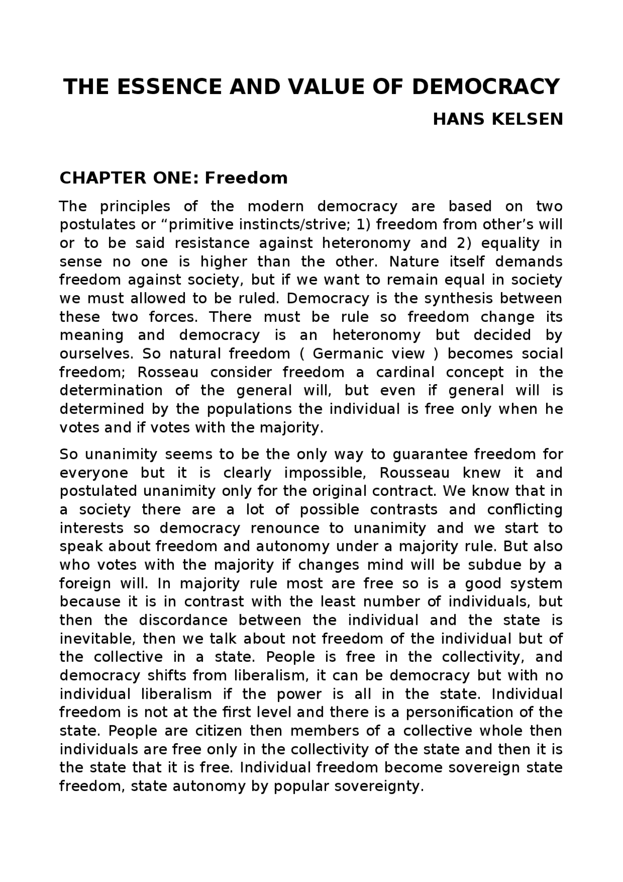Kelsen The Essence And Value Of Democracy Docsity