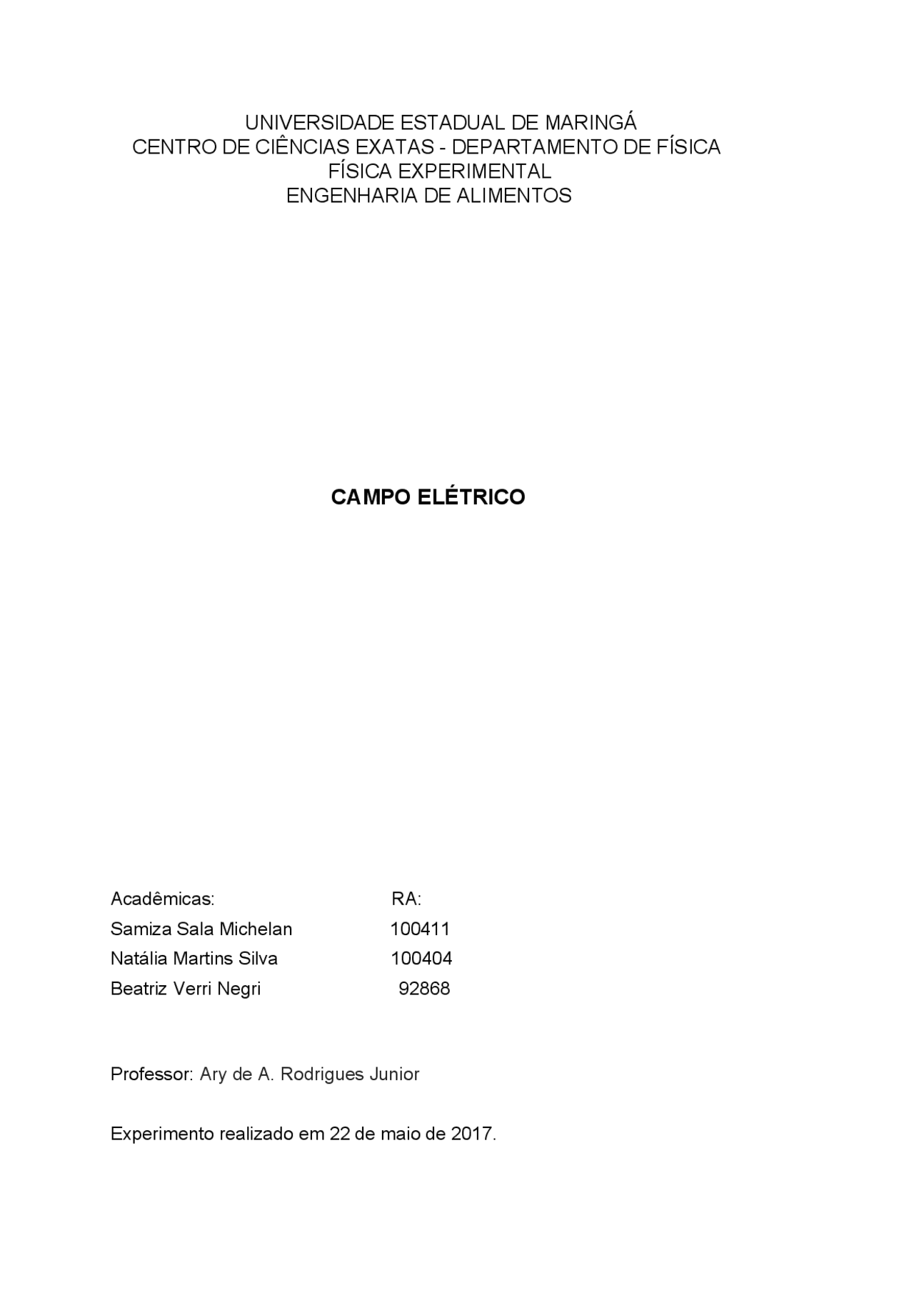 Relatorio De Campo Elétrico Trabalhos Física Experimental Docsity