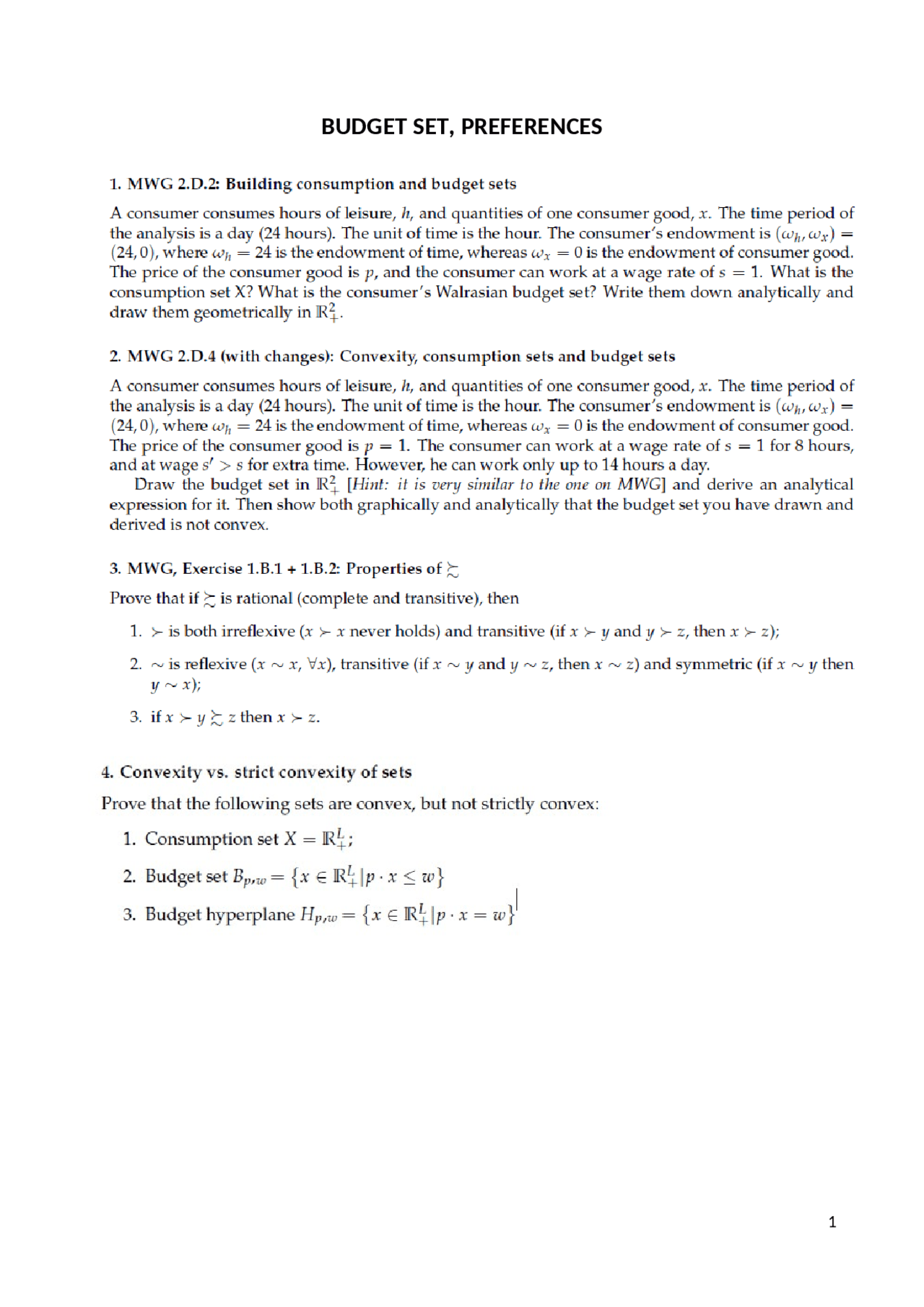 BUDGET SET EXERCISES + SOLUTIONS | Esercizi di Microeconomia | Docsity