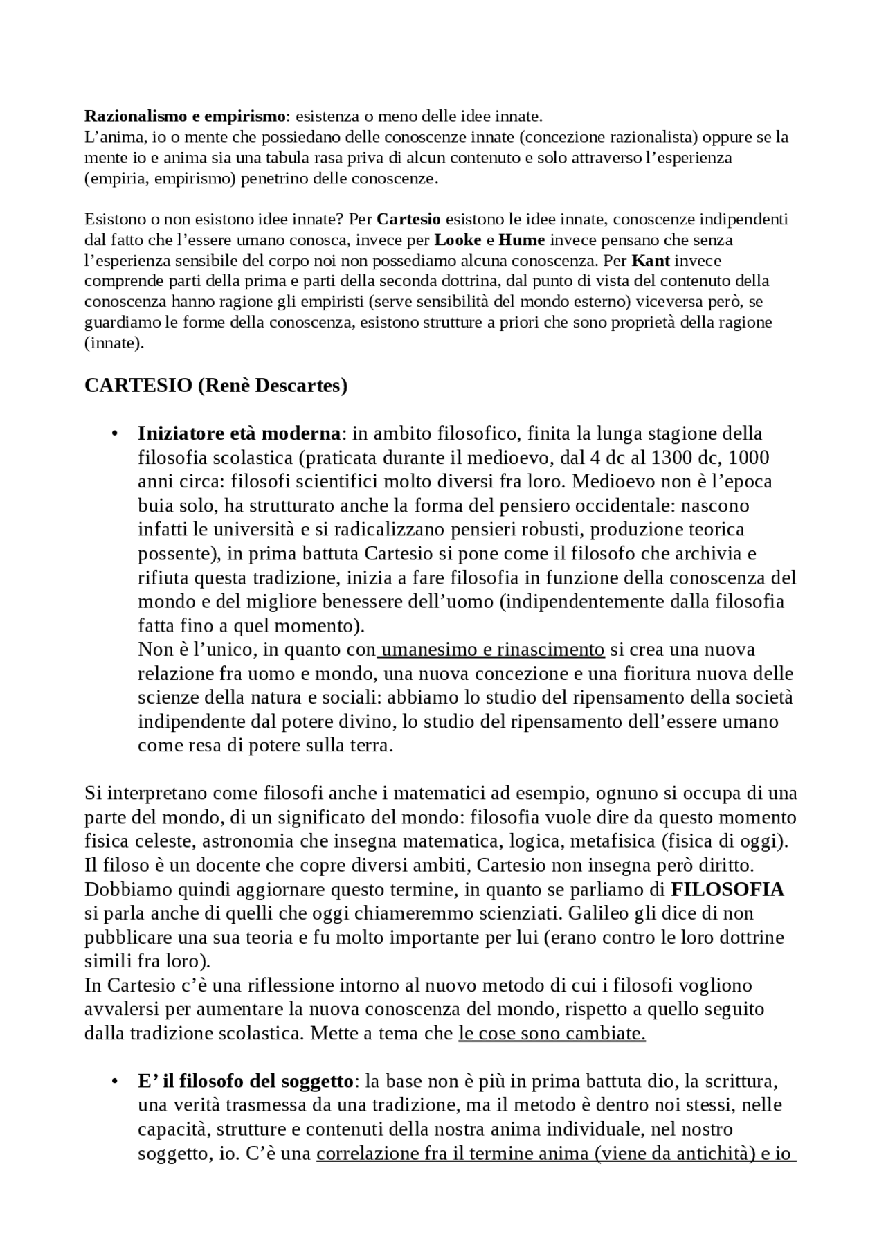 Cartesio Locke Hume Kant Docsity