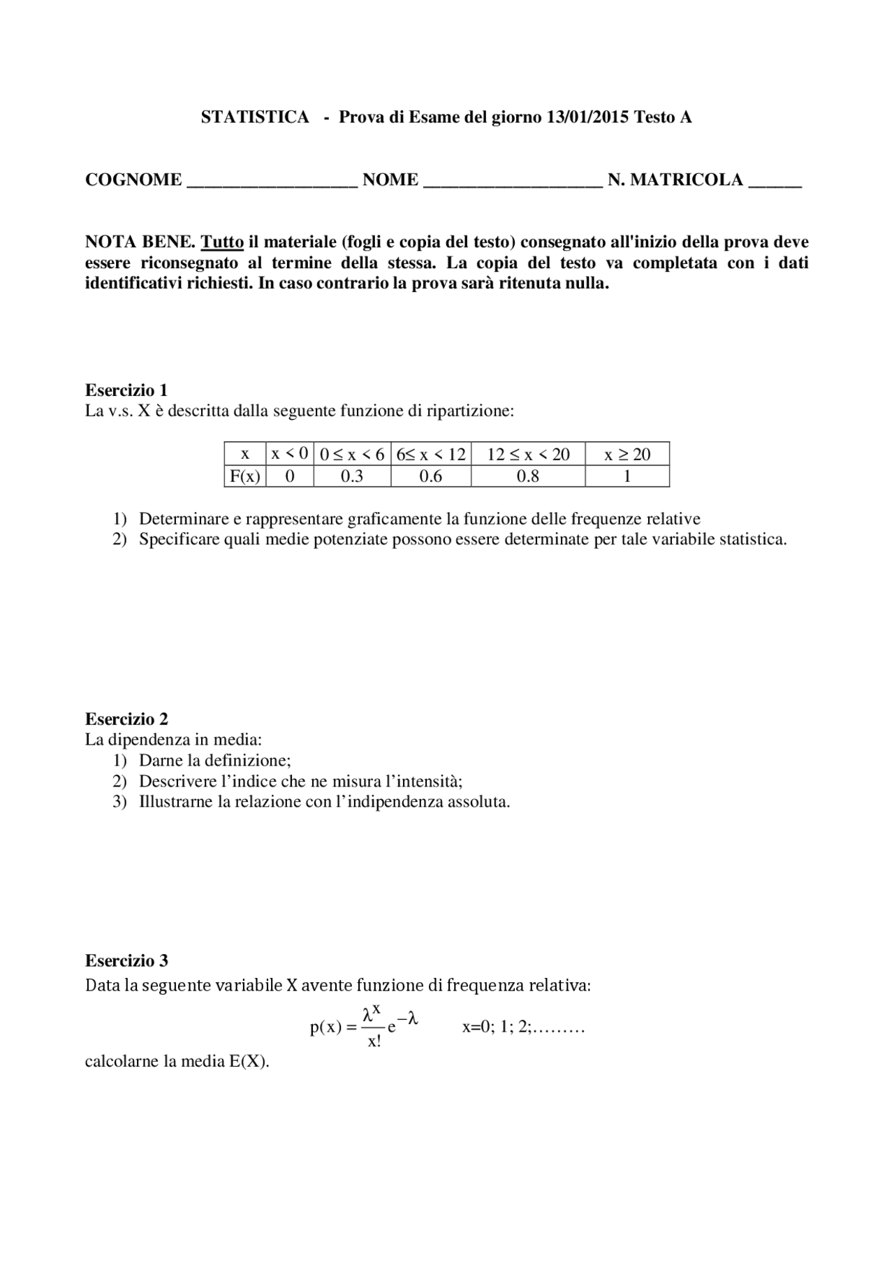 Esame statistica univpm - Docsity