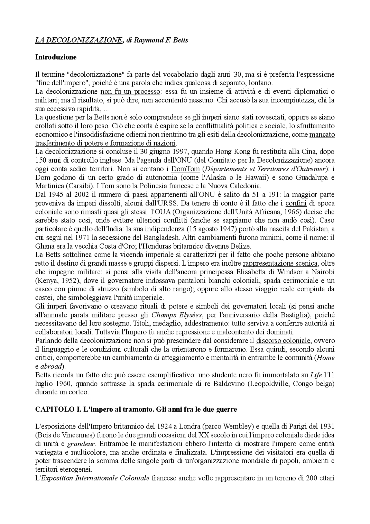 Raymond Betts La Decolonizzazione Docsity