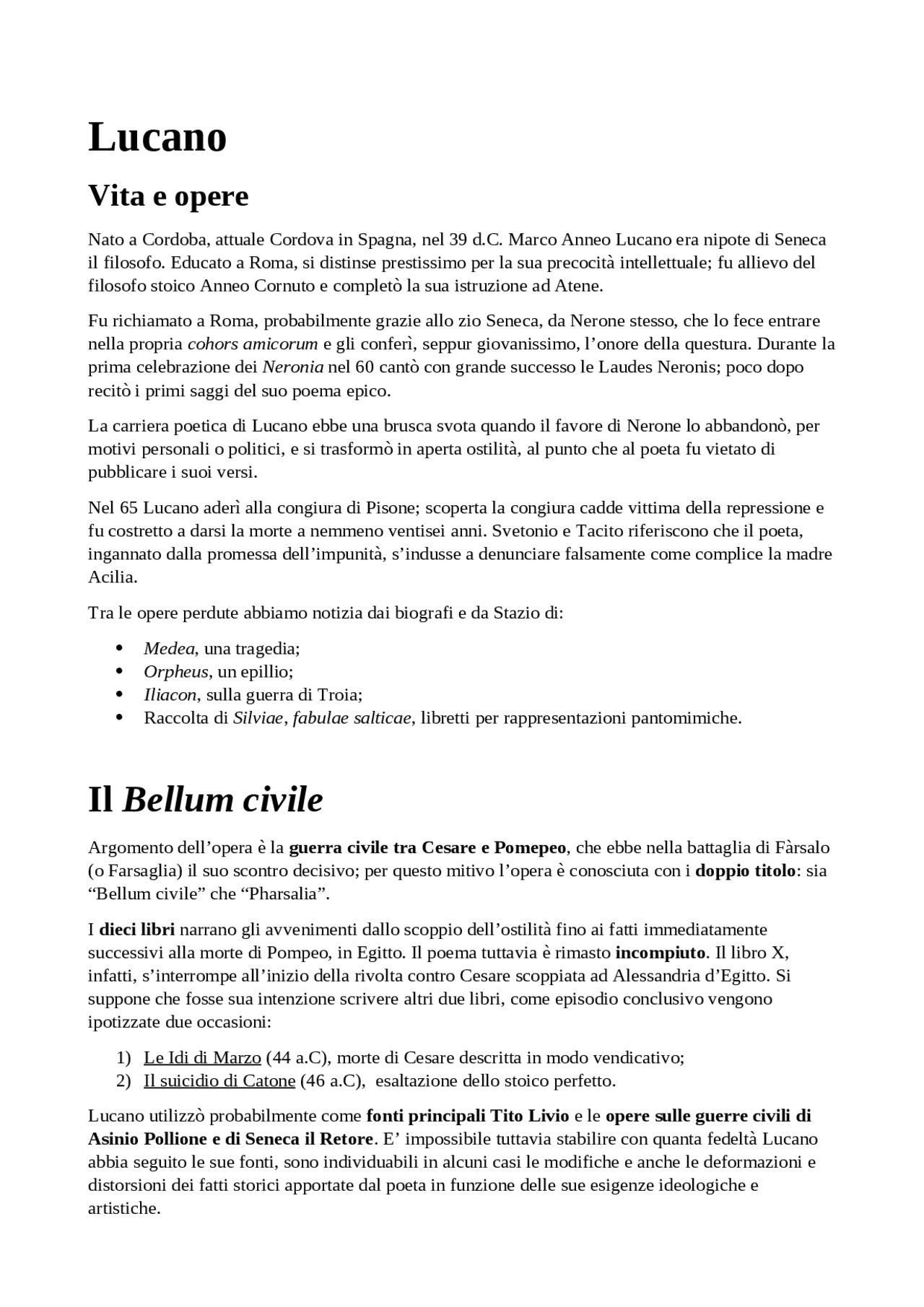 Riassunto Lucano Latino Docsity