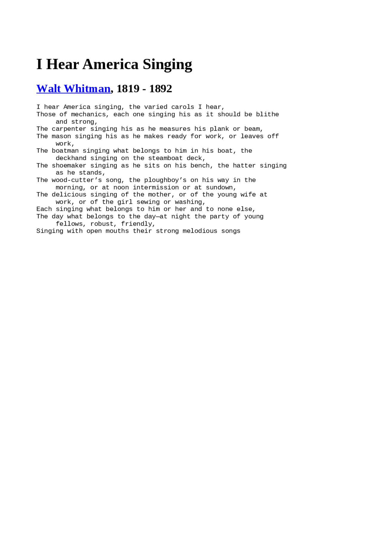 I hear American singing di Walt Whitman - Docsity