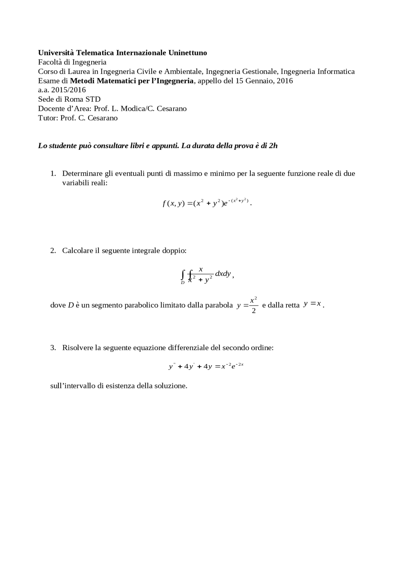Esame Metodi Matematici Docsity