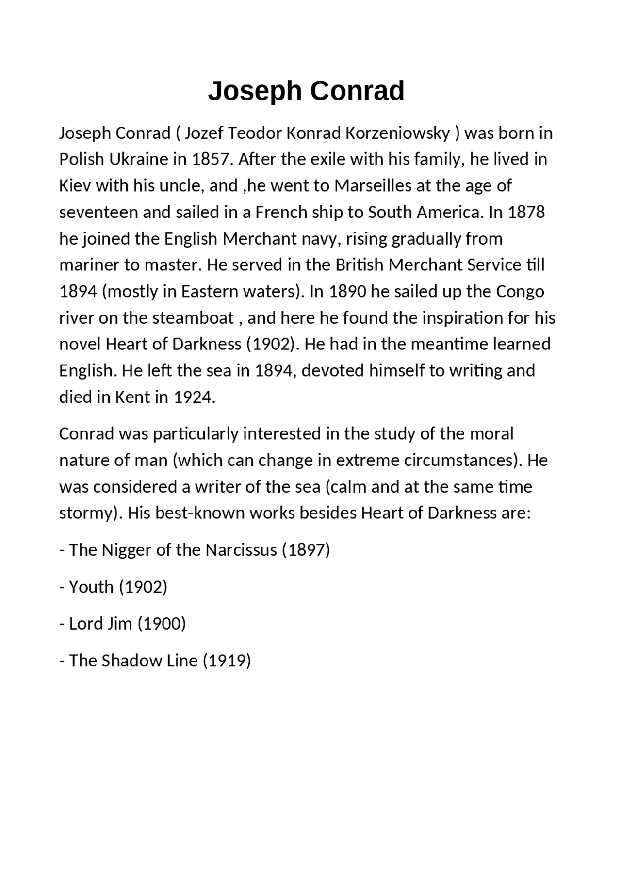 Joseph Conrad In English Docsity