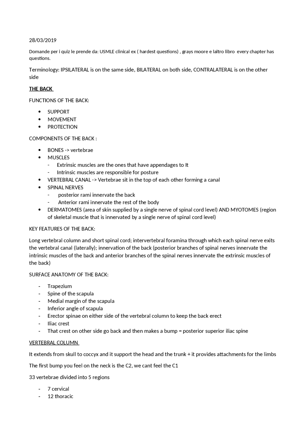 ANATOMY OF THE BACK AND VERTEBRAL COLUMN - Docsity