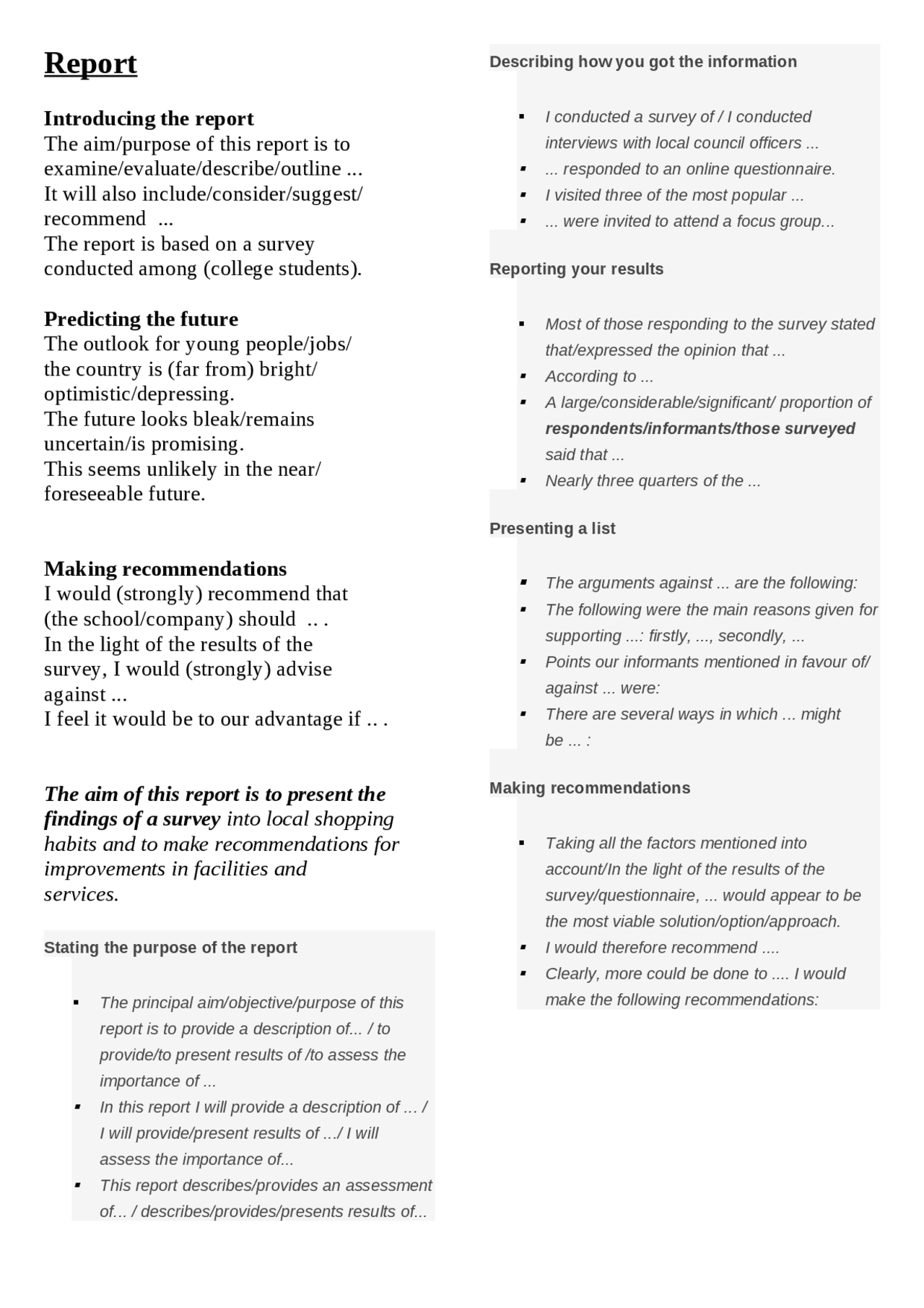 A help to write your reports in some writings - Docsity