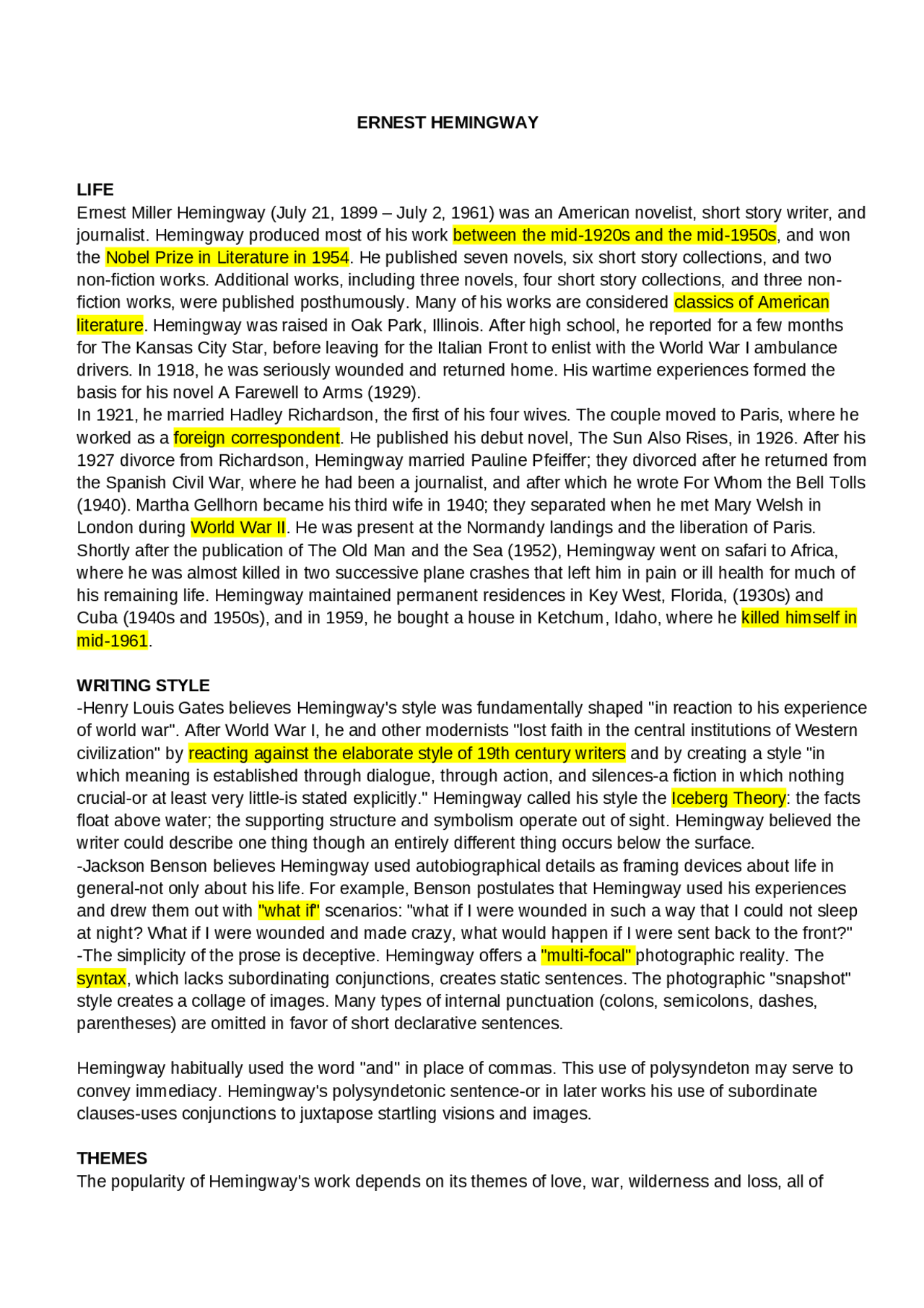 ERNEST HEMINGWAY: Life, writing style and themes - Docsity