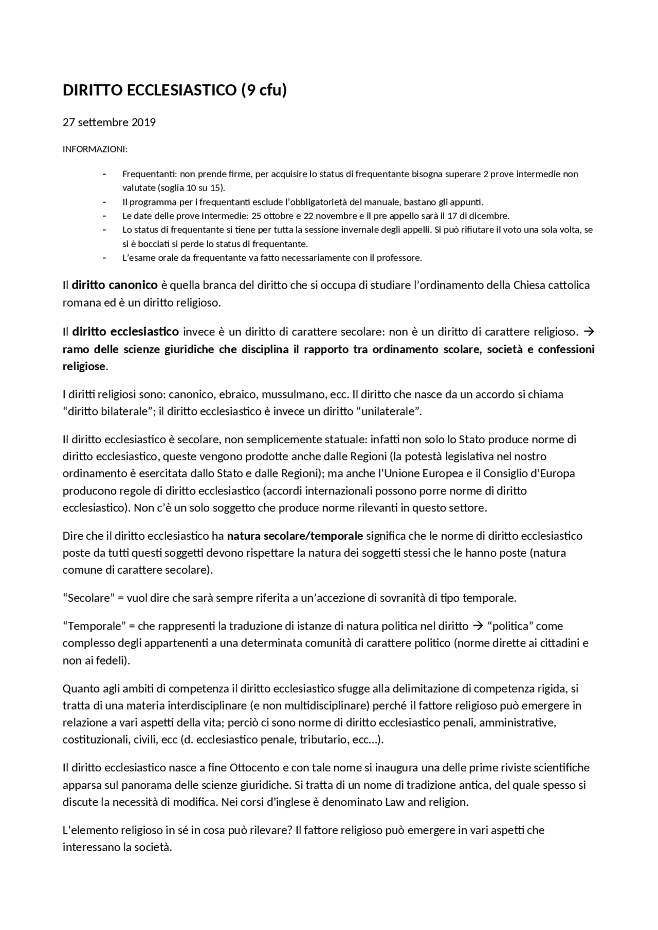 Diritto Ecclesiastico Docsity