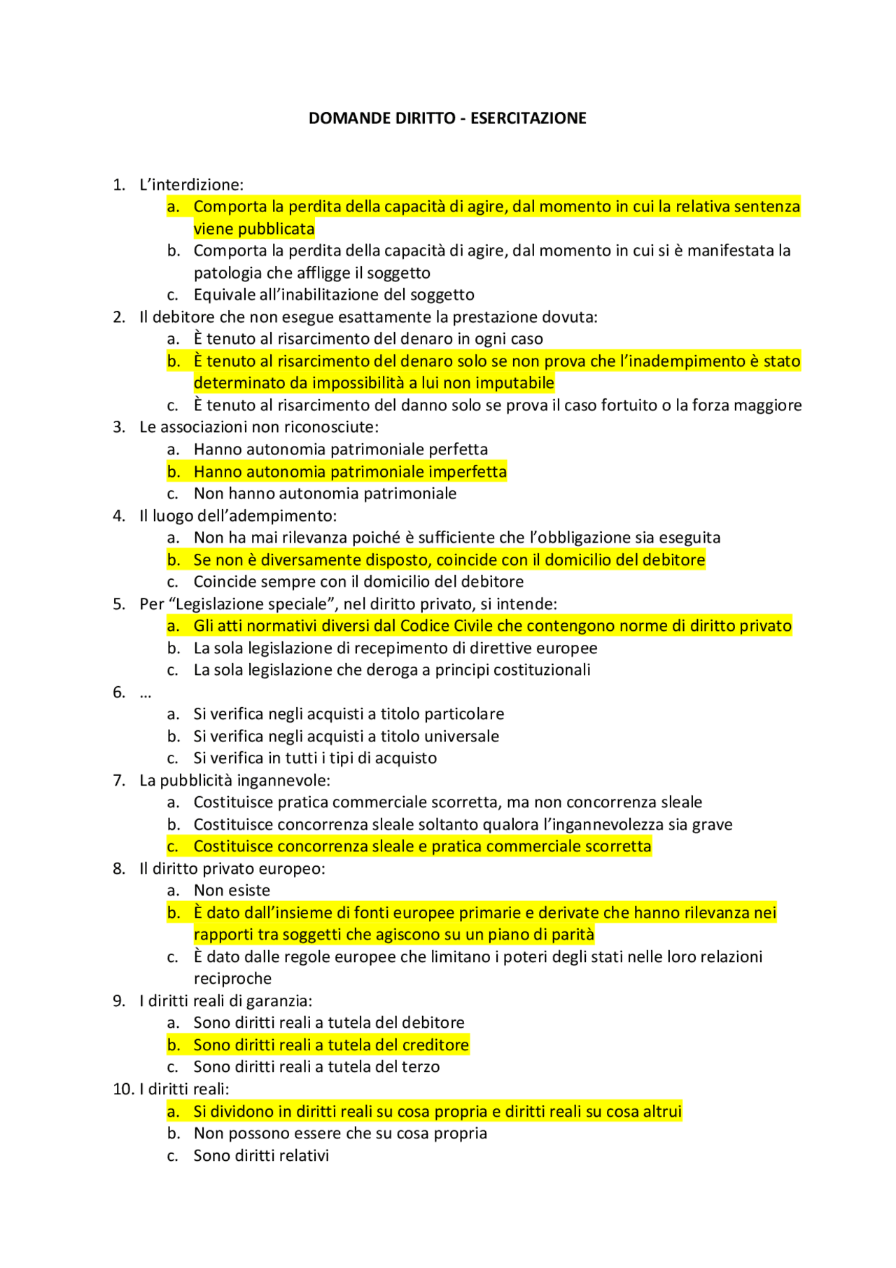 Domande Esercitazionerisposte Esercizi Di Diritto Docsity